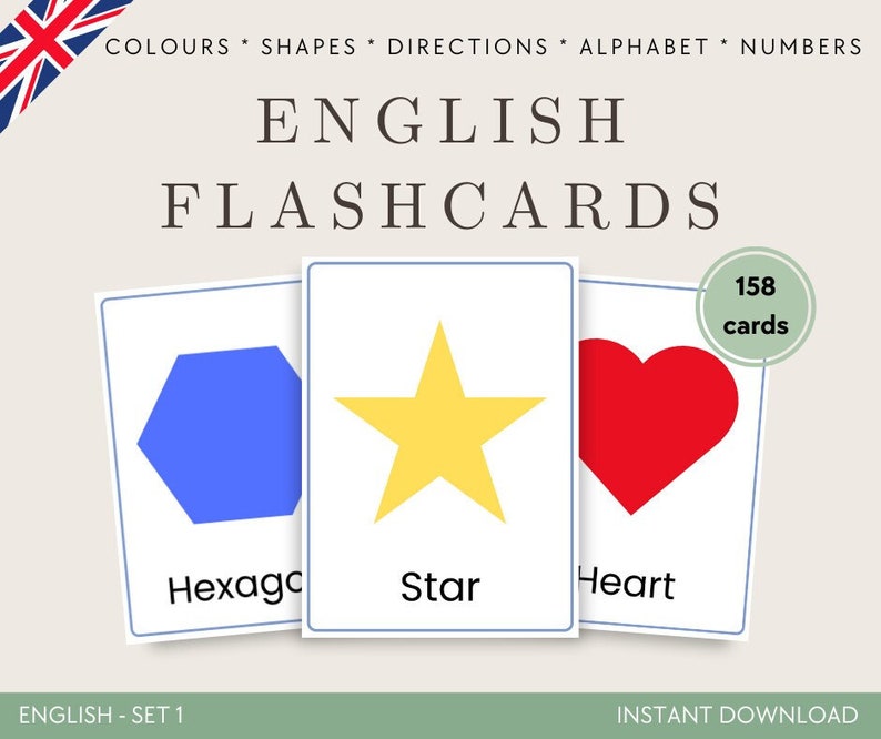 158 Educational Flashcards, SET 1: colors, Shapes, Directions, Alphabet ...