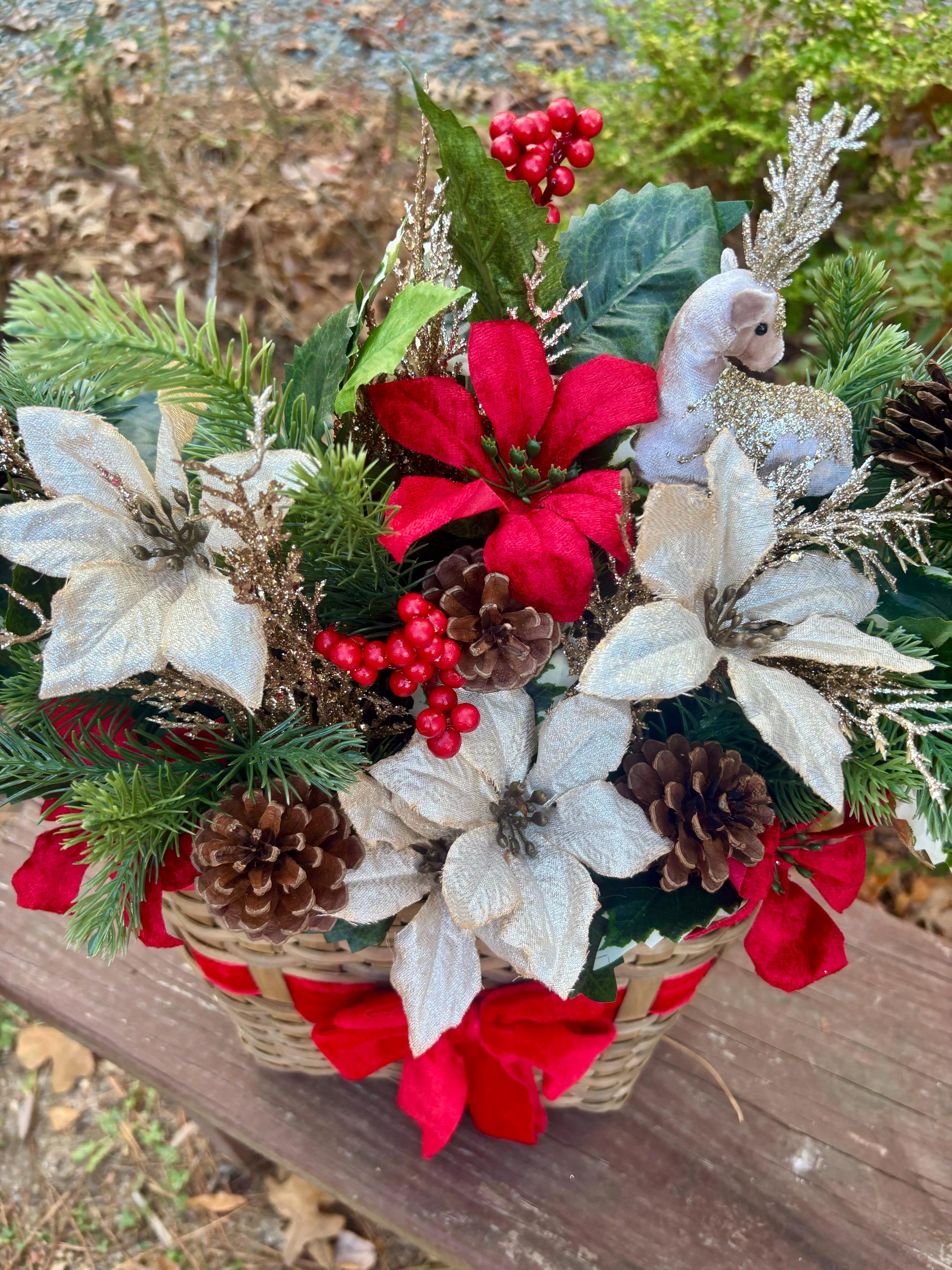 Poinsettia Christmas Basket for Front Door, Indoor Holiday Decor, Gold ...