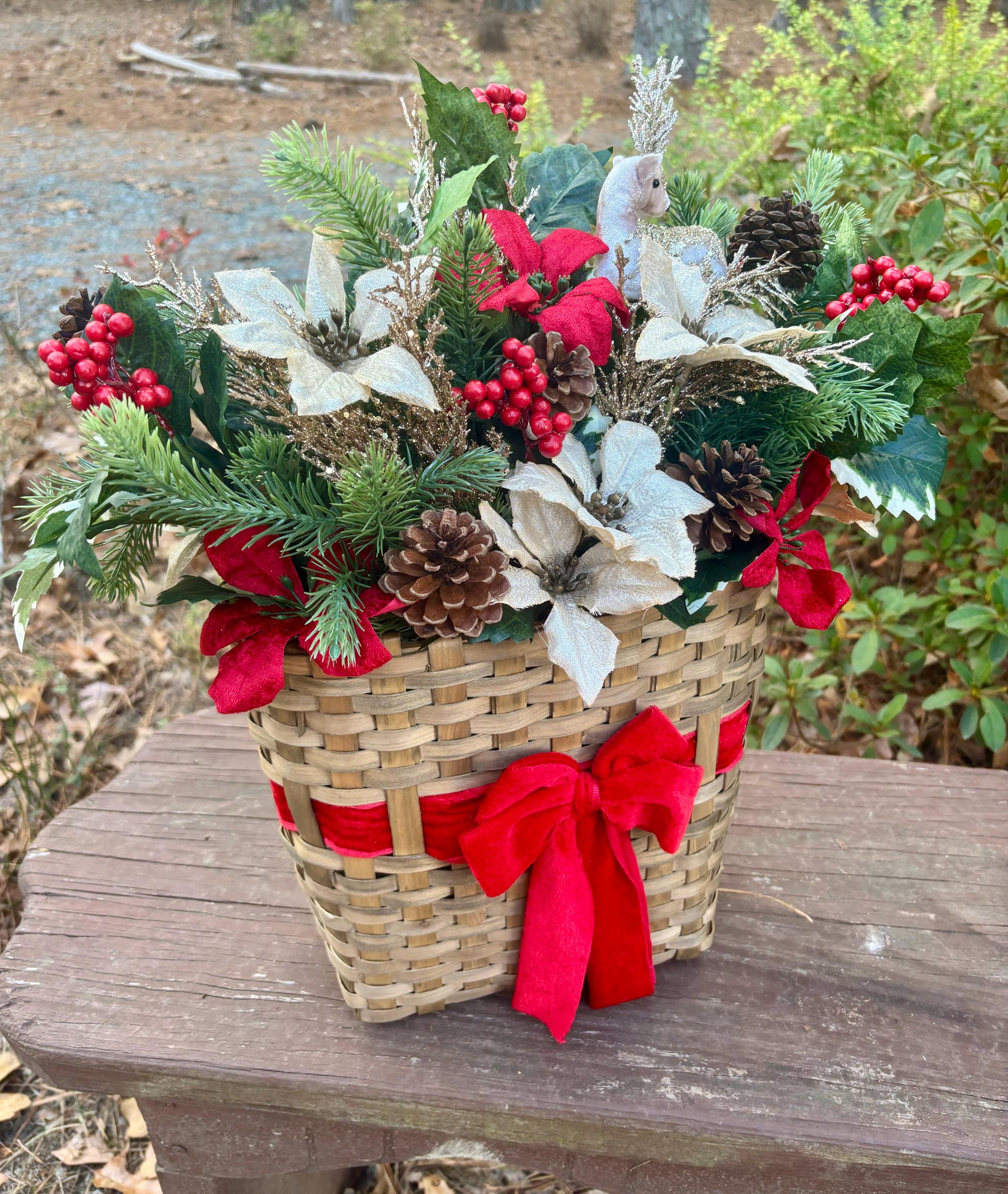 Poinsettia Christmas Basket for Front Door, Indoor Holiday Decor, Gold ...