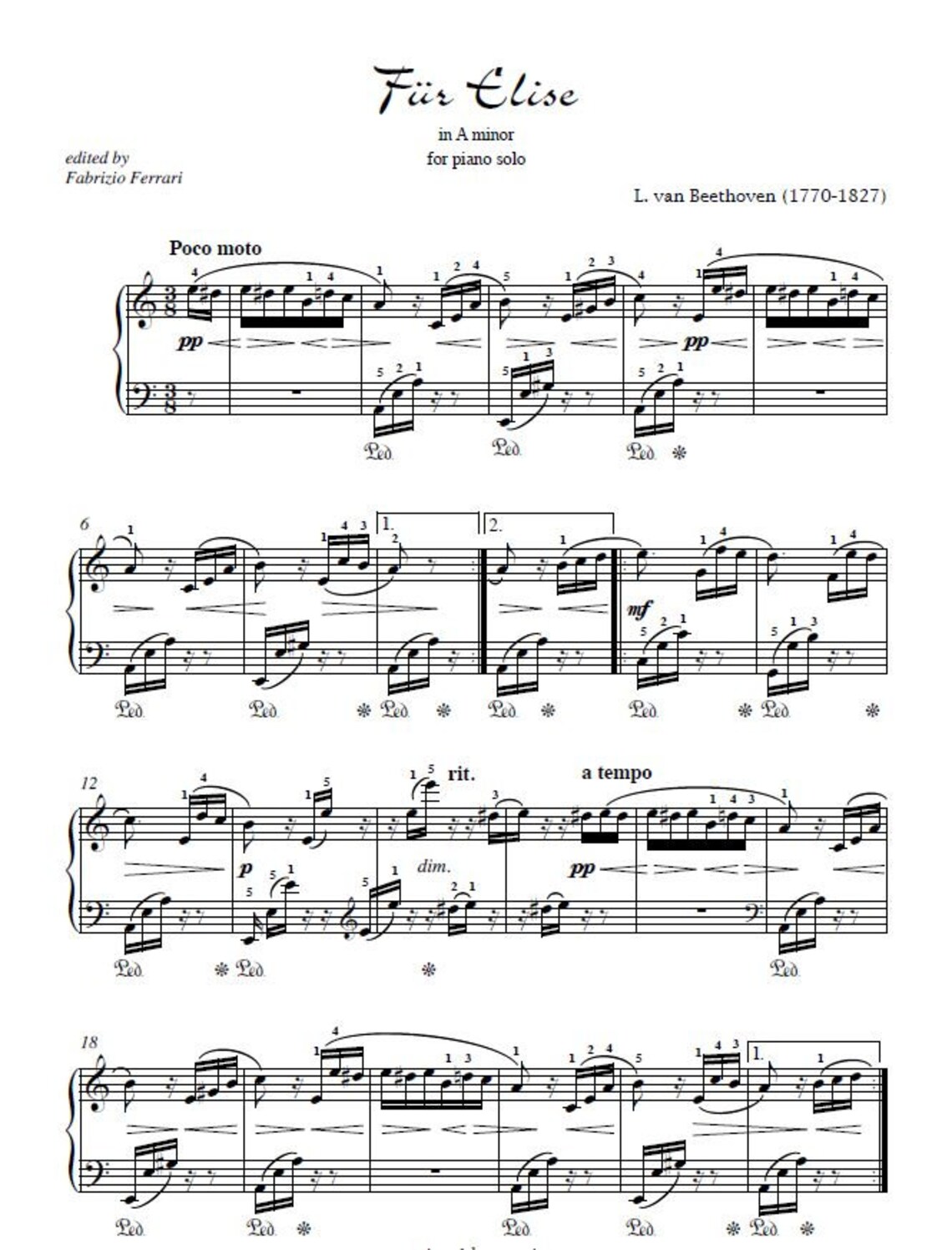 Fur Elise Digital Sheet Music for Piano With Sample Songs for Listening ...