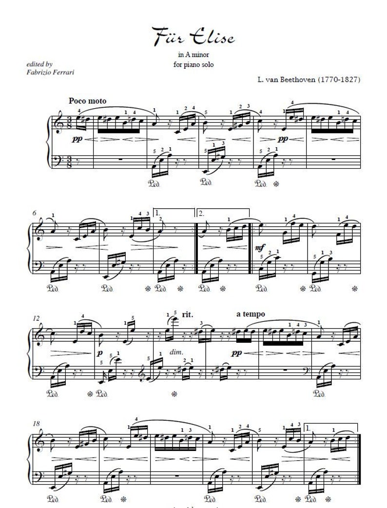 Fur Elise Digital Sheet Music for Piano With Sample Songs for Listening ...