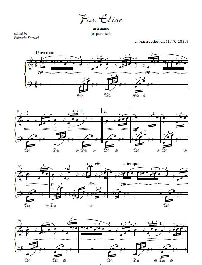 Fur Elise Digital Sheet Music for Piano With Sample Songs for Listening ...