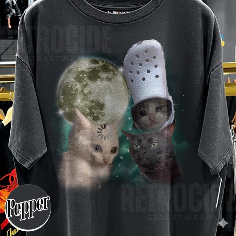 Three Cats Retro Moon Graphic T-shirts, Vintage Cat Moon Meme Tshirt ...