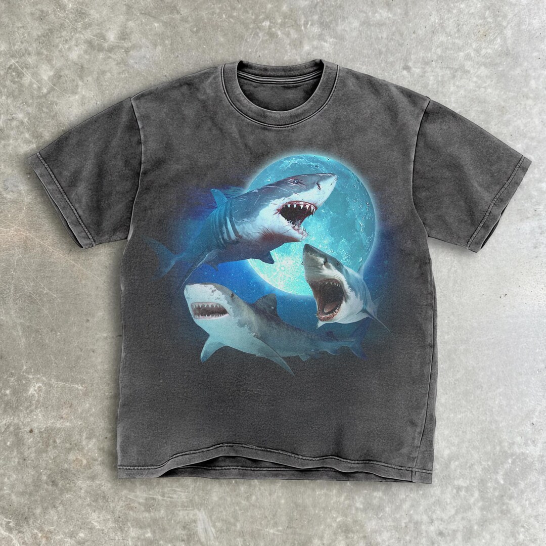 Three Sharks Vintage Graphic T-shirts,retro Shark Moon Tshirt, Shark ...