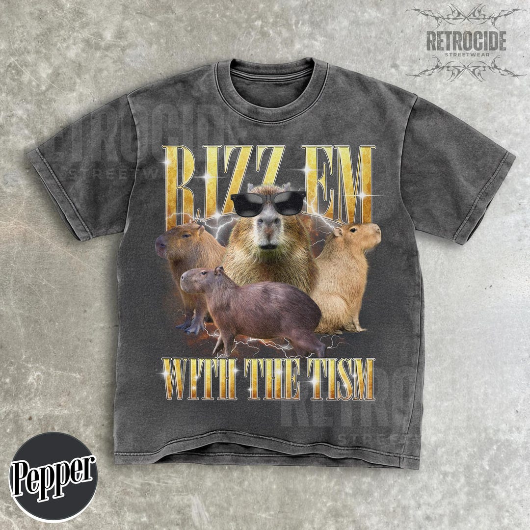 Rizz Em With the Tism Capybara Vintage Graphic Shirt, Retro 90s ...