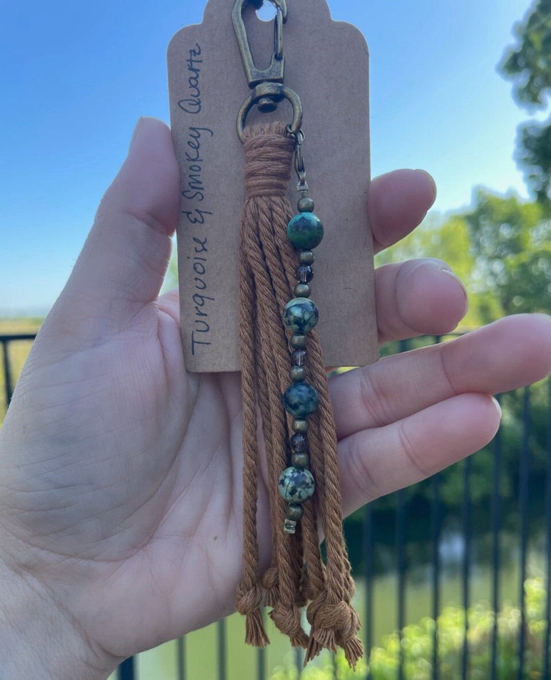 Natural Gemstone Keychain, Modern Macrame Keychain, Brown With Natural ...