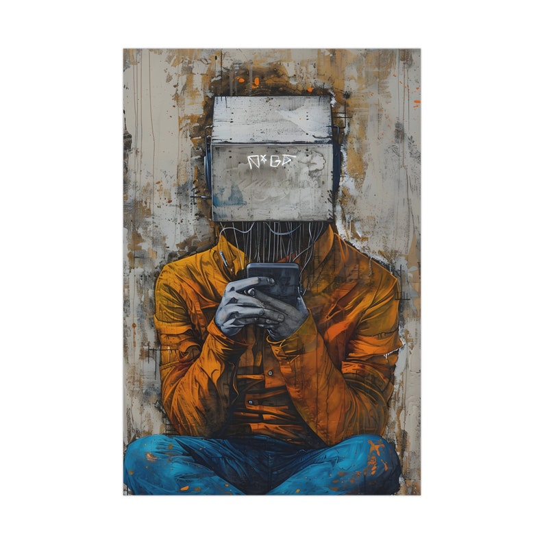 Cell Phone Man Blockhead Poster Addiction Picture Art Print Living Room ...