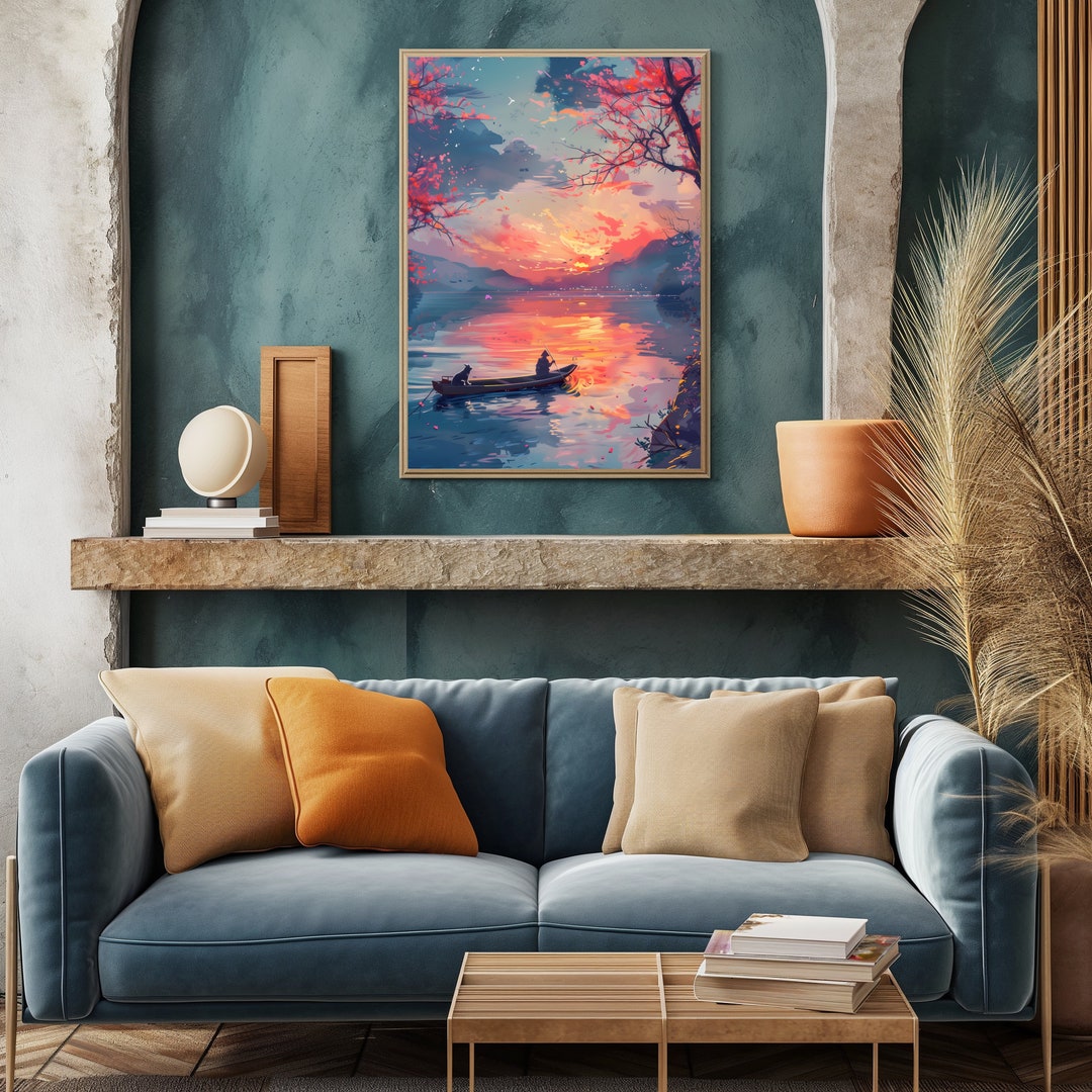 Landscape Lake Dog Man Poster Picture Art Print Living Room Painting ...