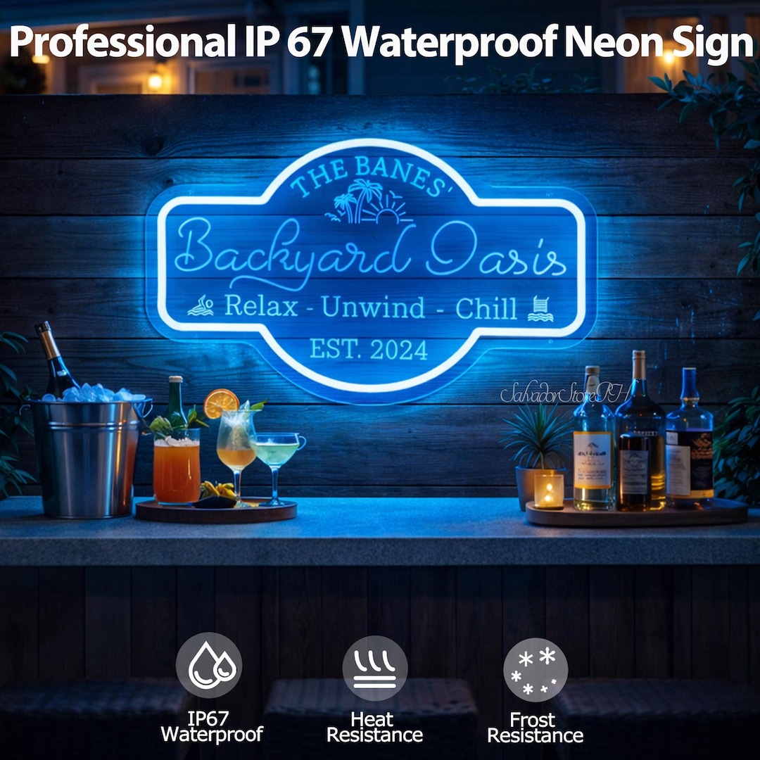 Personalized Backyard Pool Bar Neon Sign: Waterproof Outdoor Family ...