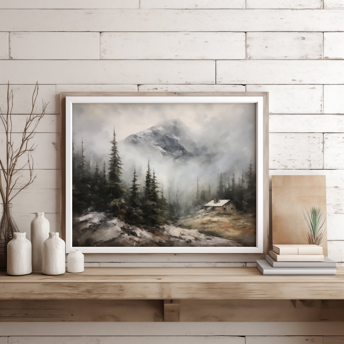 Rustic Mountain Cabin Art Print, Vintage Alpine Landscape Wall Art ...