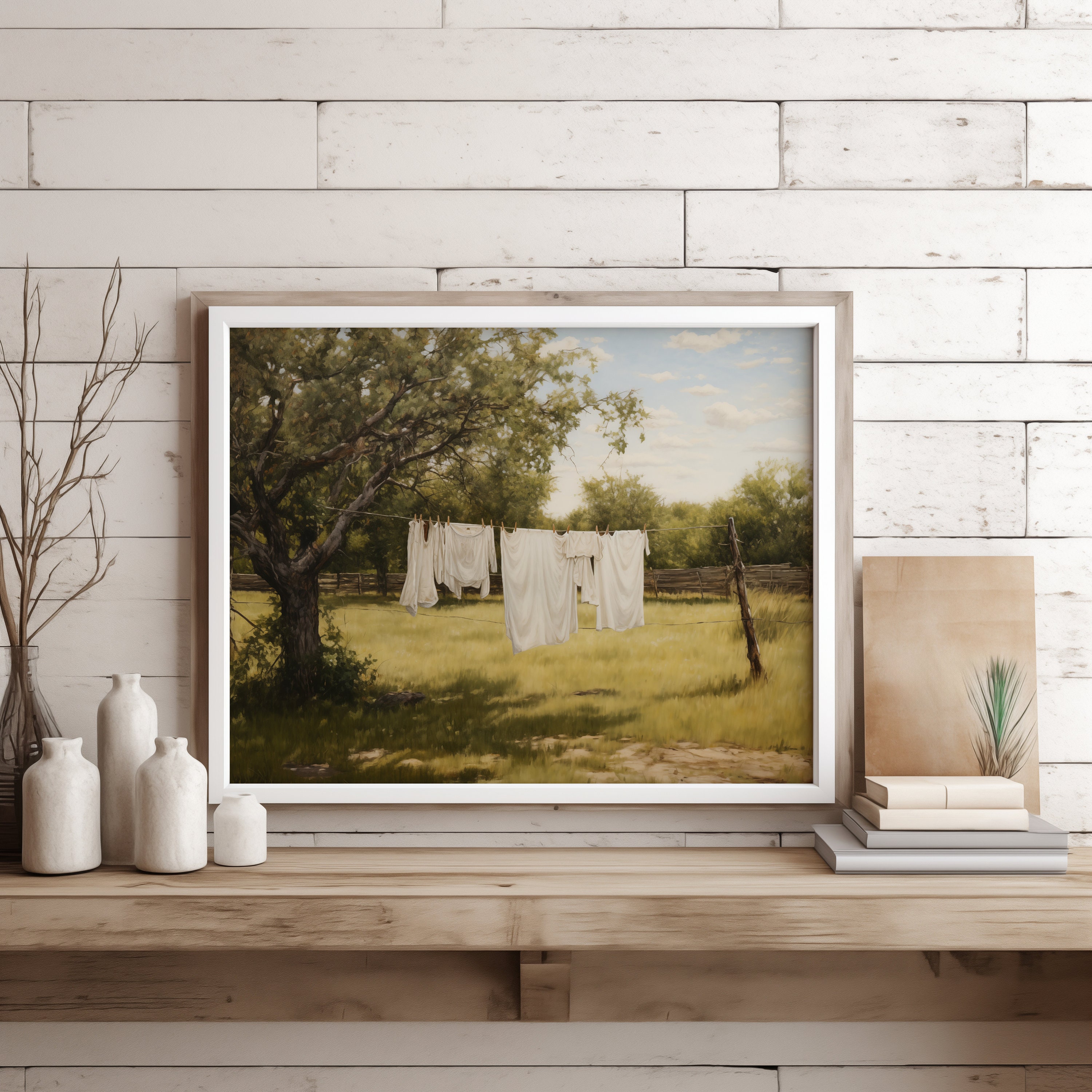 Laundry Room Wall Art, Clothes Line Print, Summer Country Scene, Rustic ...