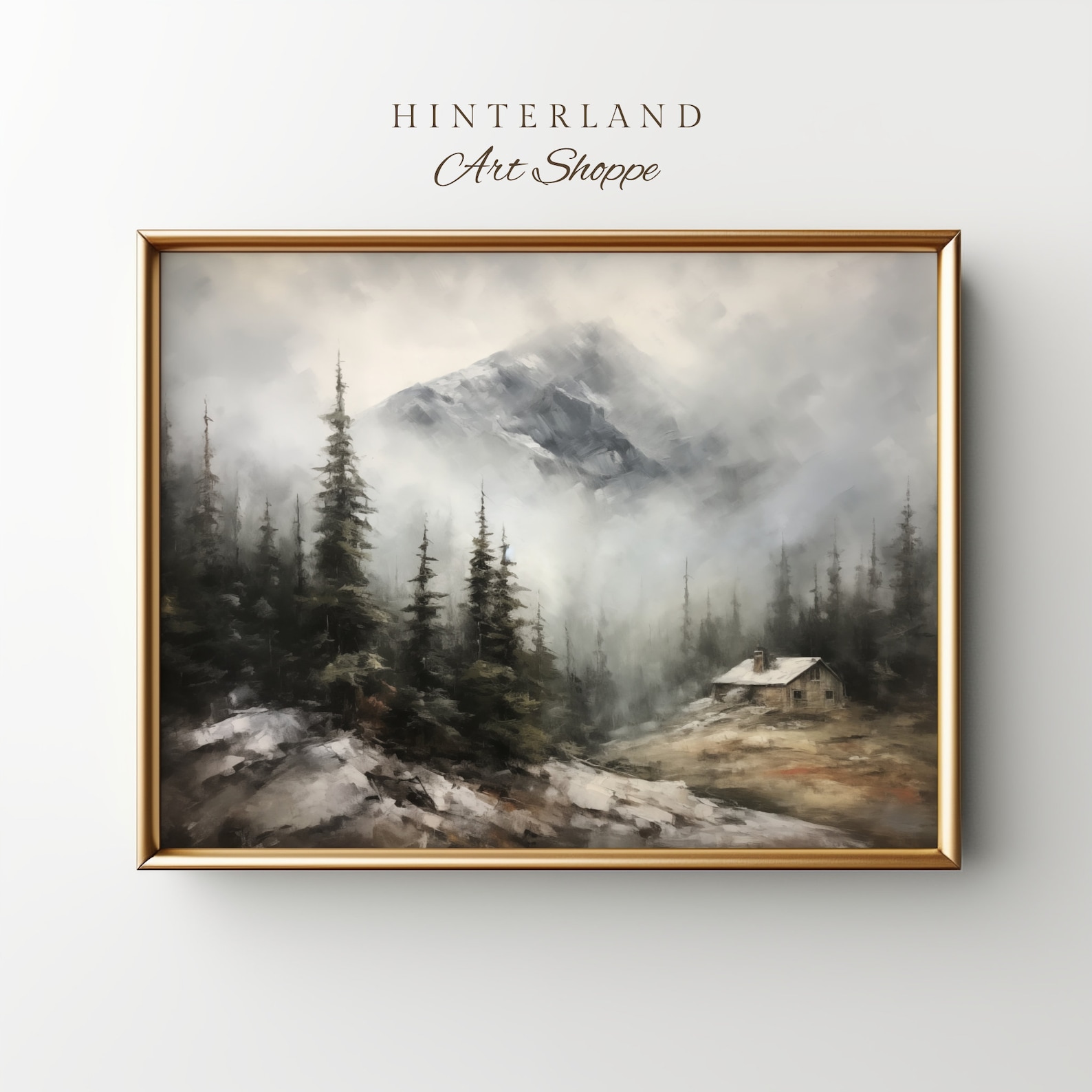 Rustic Mountain Cabin Art Print, Vintage Alpine Landscape Wall Art ...