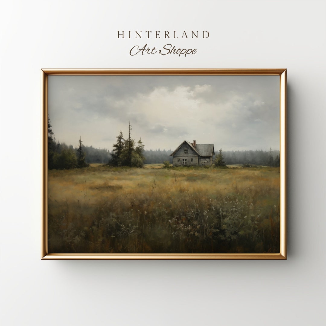 Moody Cabin Landscape Print, Rustic Cottage Wall Art, Muted Country ...