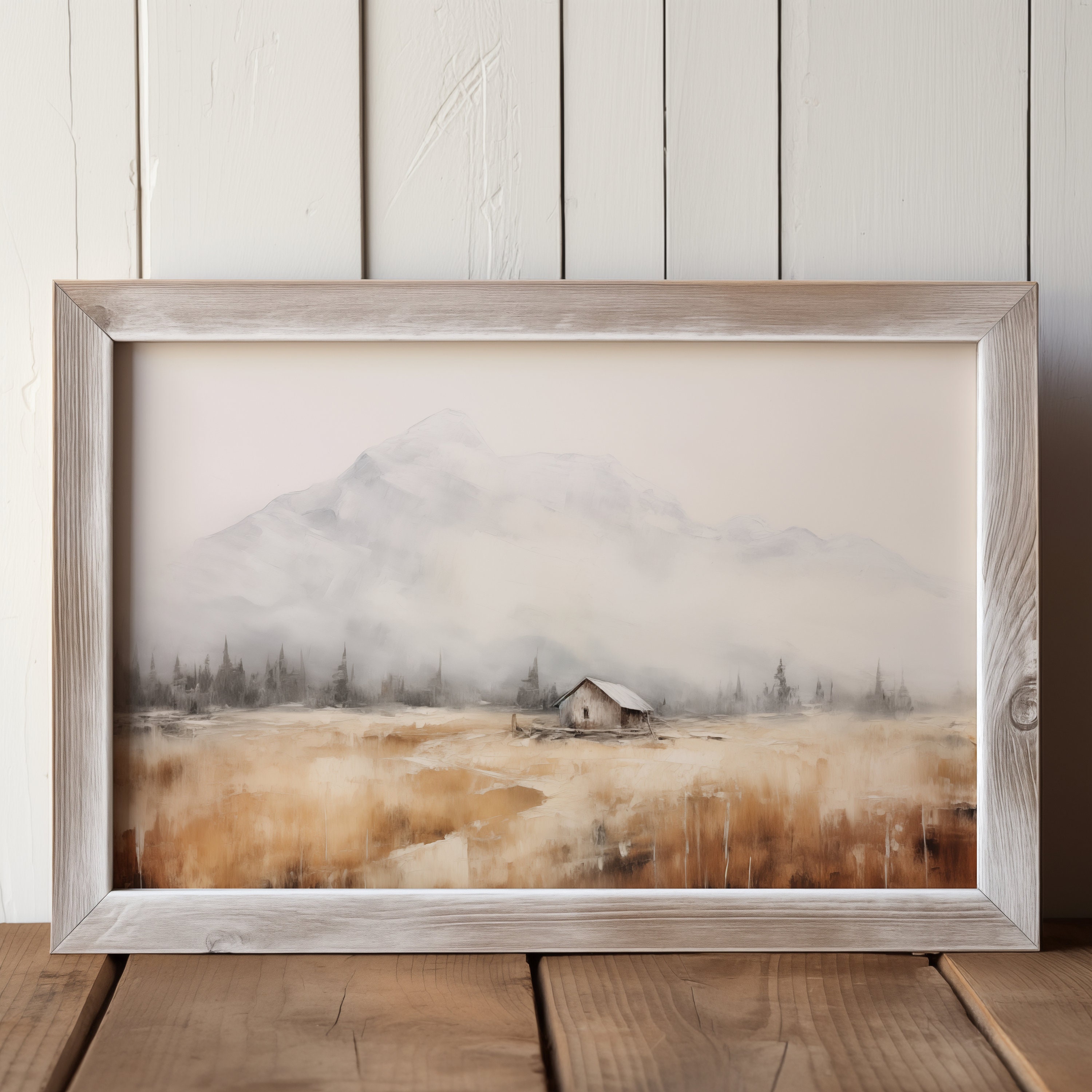 Vintage Cabin Mountain Oil Painting, Rustic Alpine Landscape Wall Art ...
