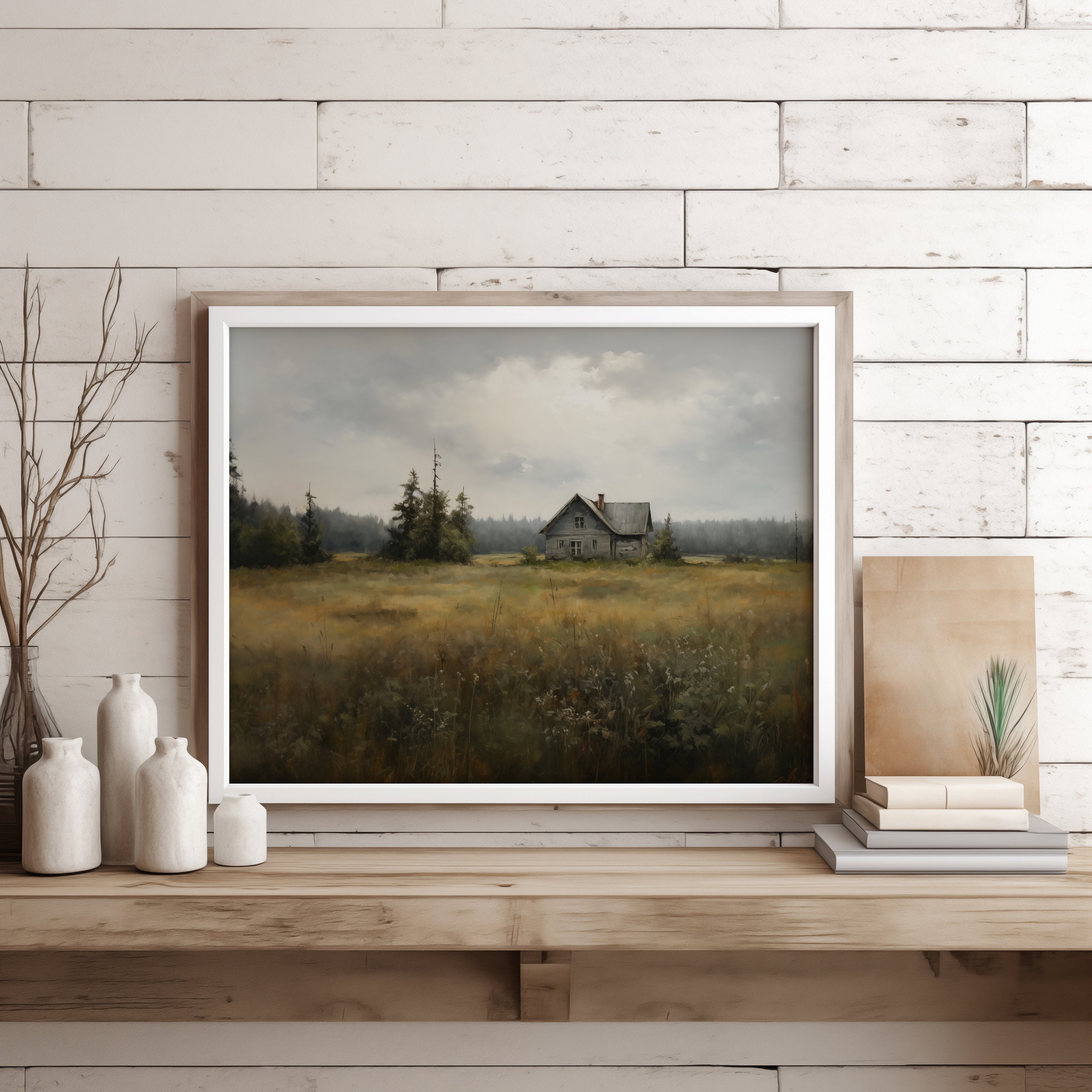Moody Cabin Landscape Print, Rustic Cottage Wall Art, Muted Country ...