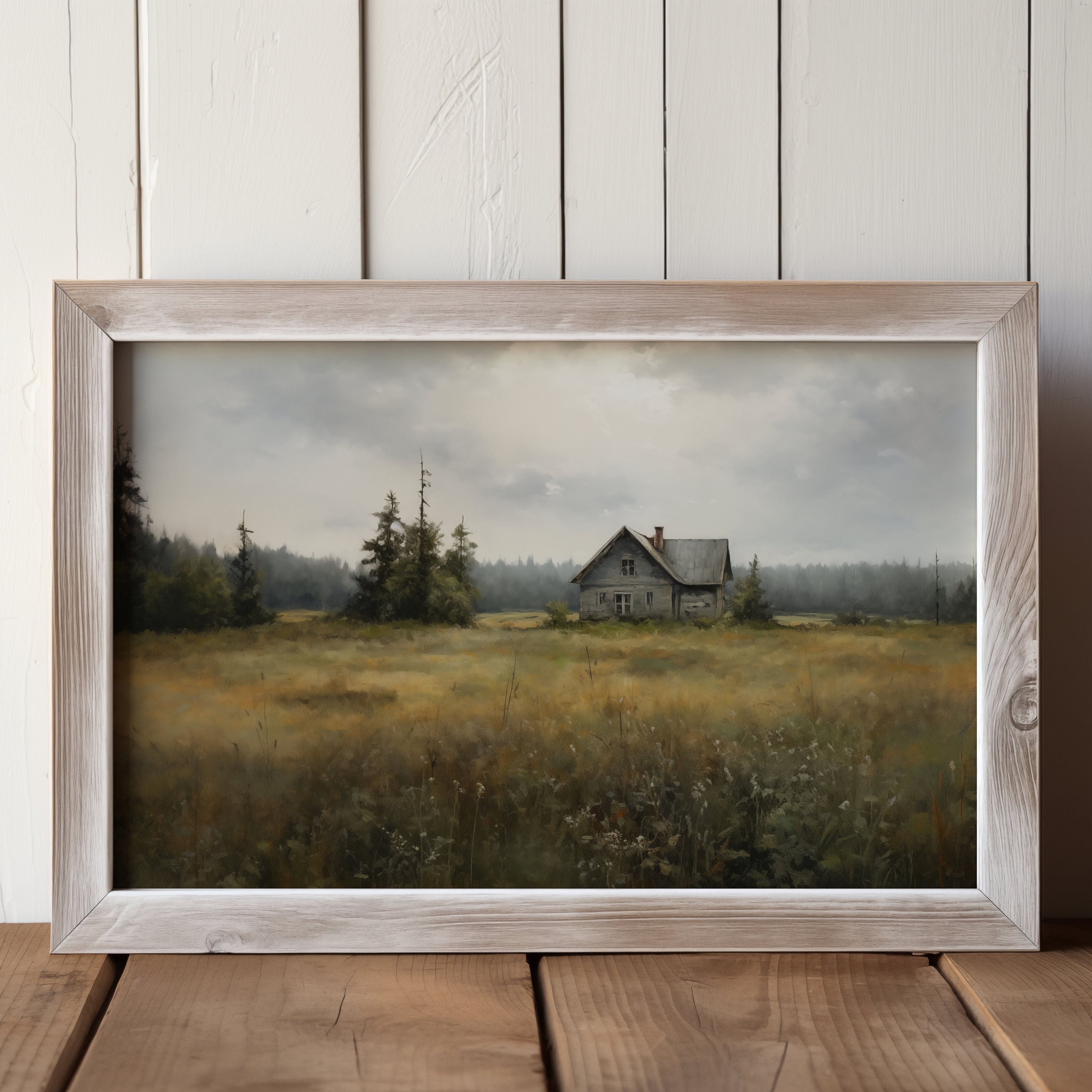 Moody Cabin Landscape Print, Rustic Cottage Wall Art, Muted Country ...