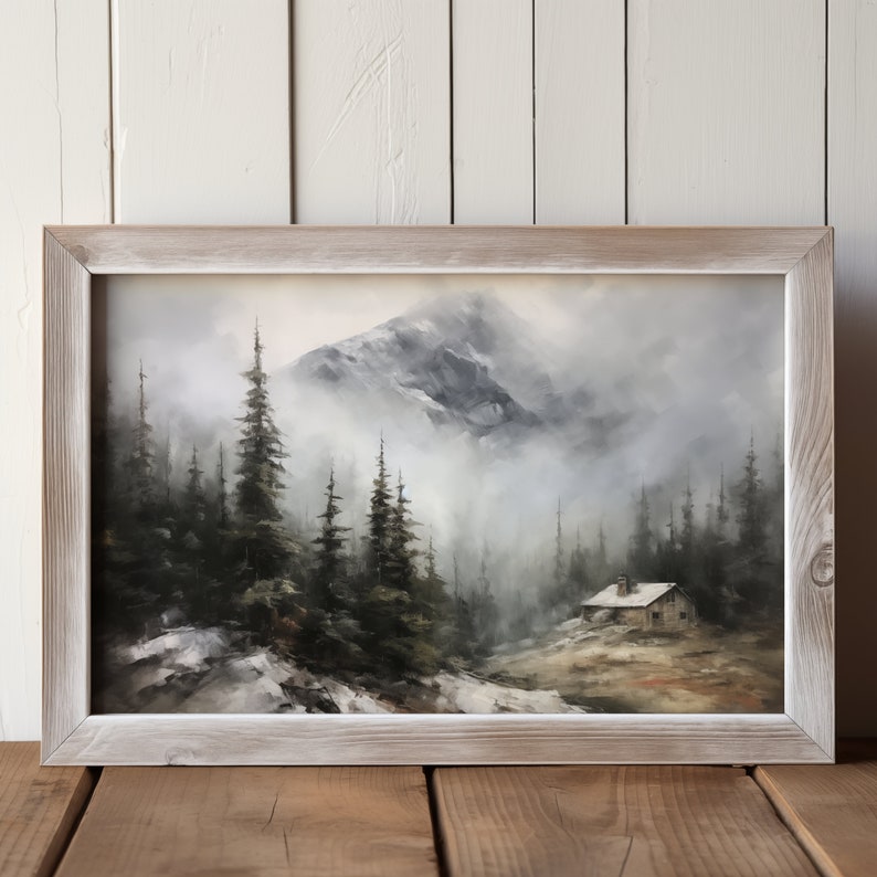 Rustic Mountain Cabin Art Print, Vintage Alpine Landscape Wall Art ...