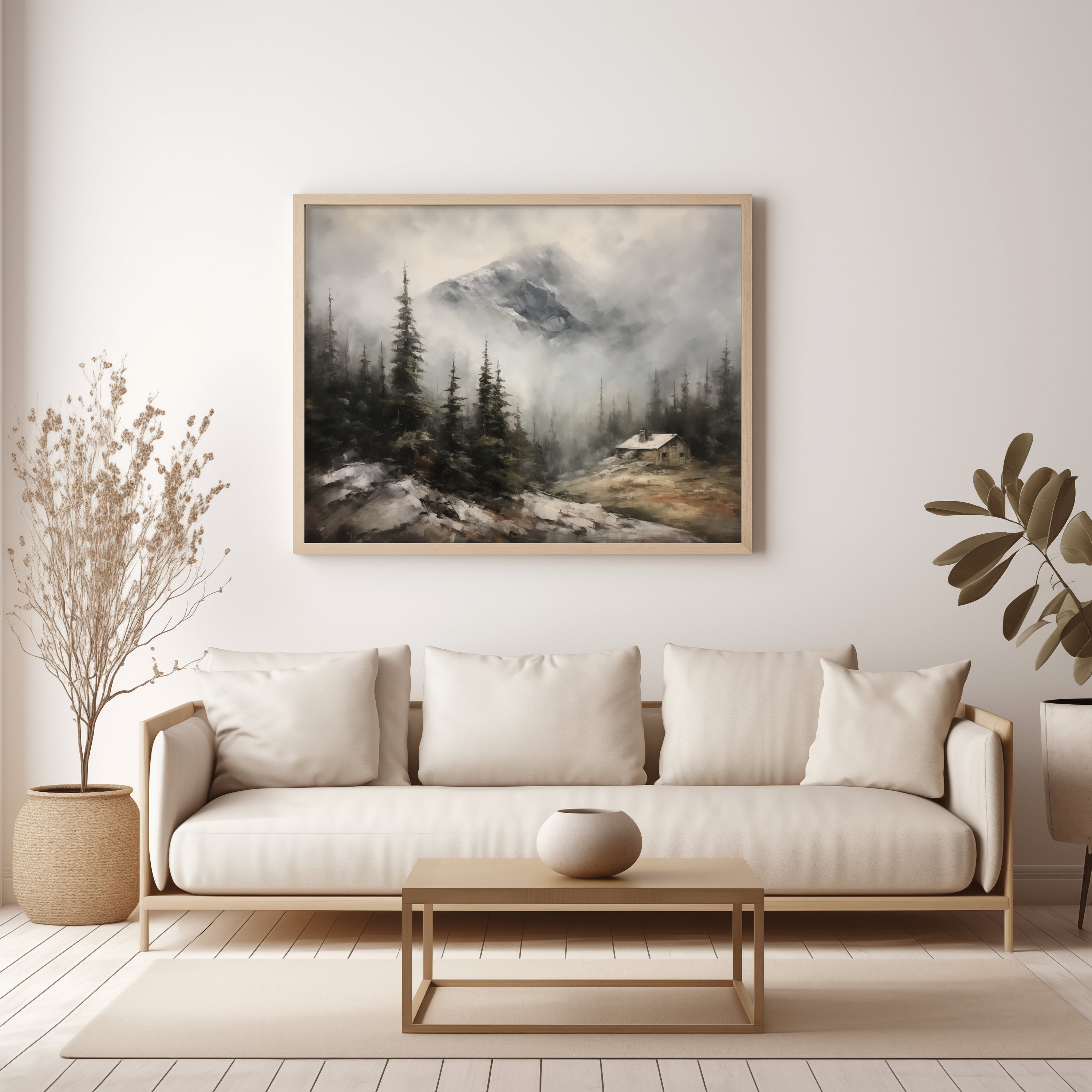 Rustic Mountain Cabin Art Print, Vintage Alpine Landscape Wall Art ...