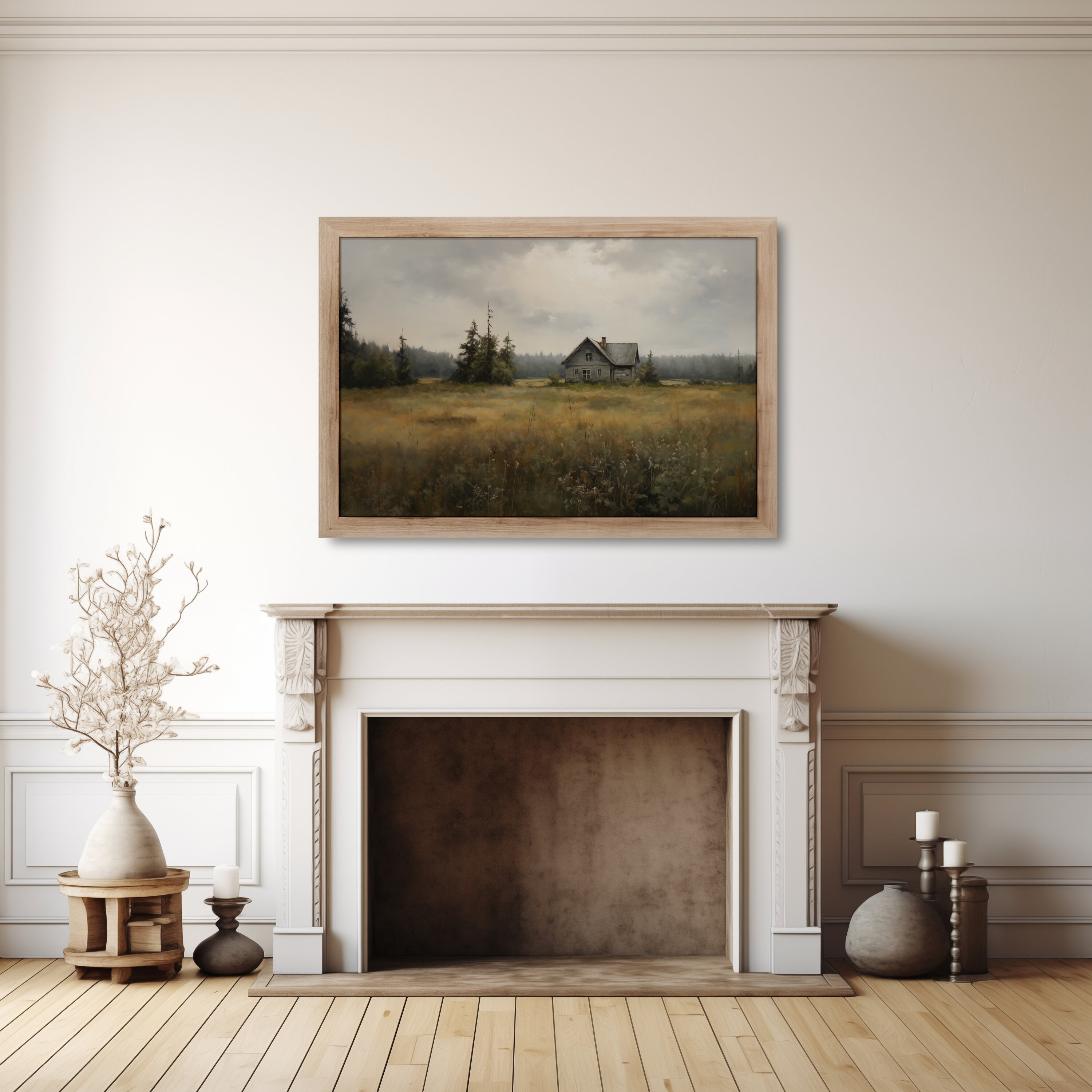 Moody Cabin Landscape Print, Rustic Cottage Wall Art, Muted Country ...