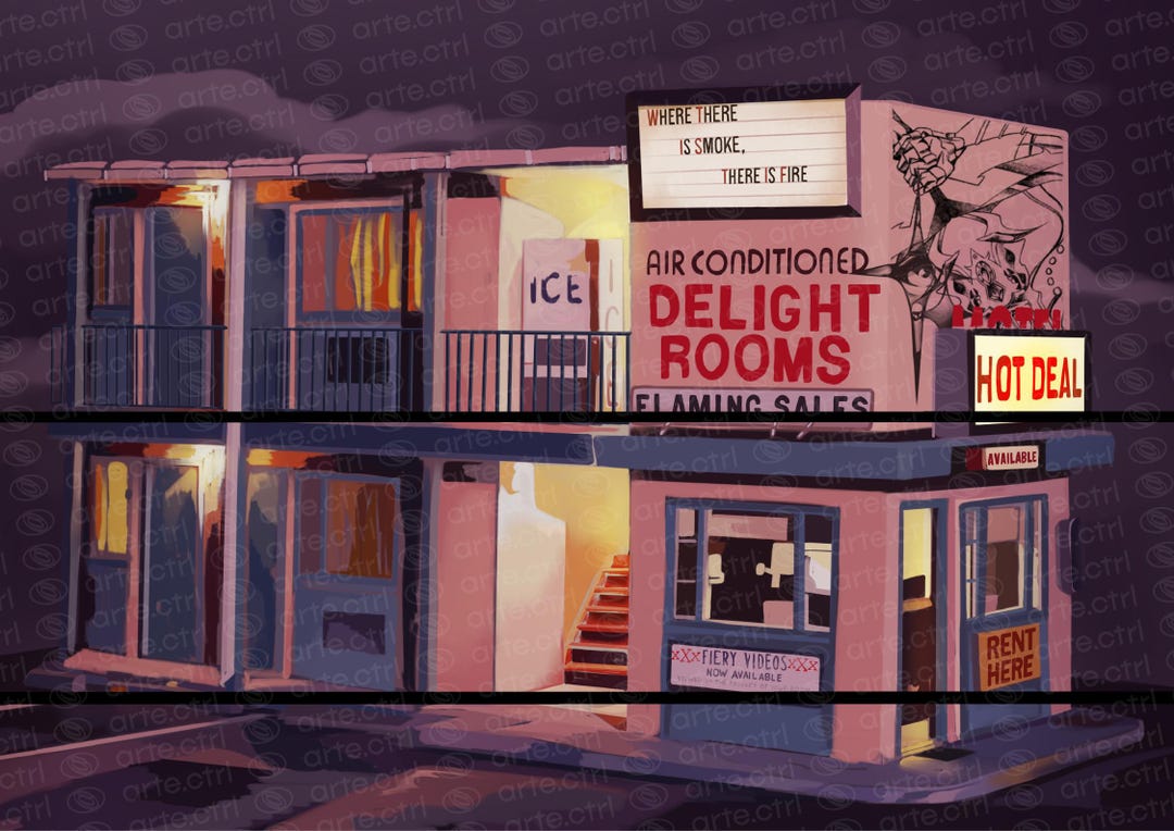 Retro Motel Night Scene Art Print – Neon Building Illustration, Dreamy ...