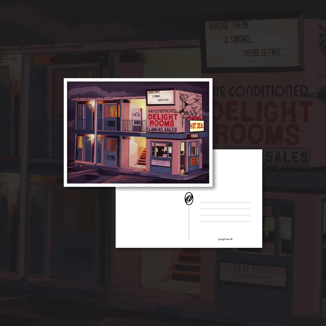 Retro Motel Night Scene Art Print – Neon Building Illustration, Dreamy ...