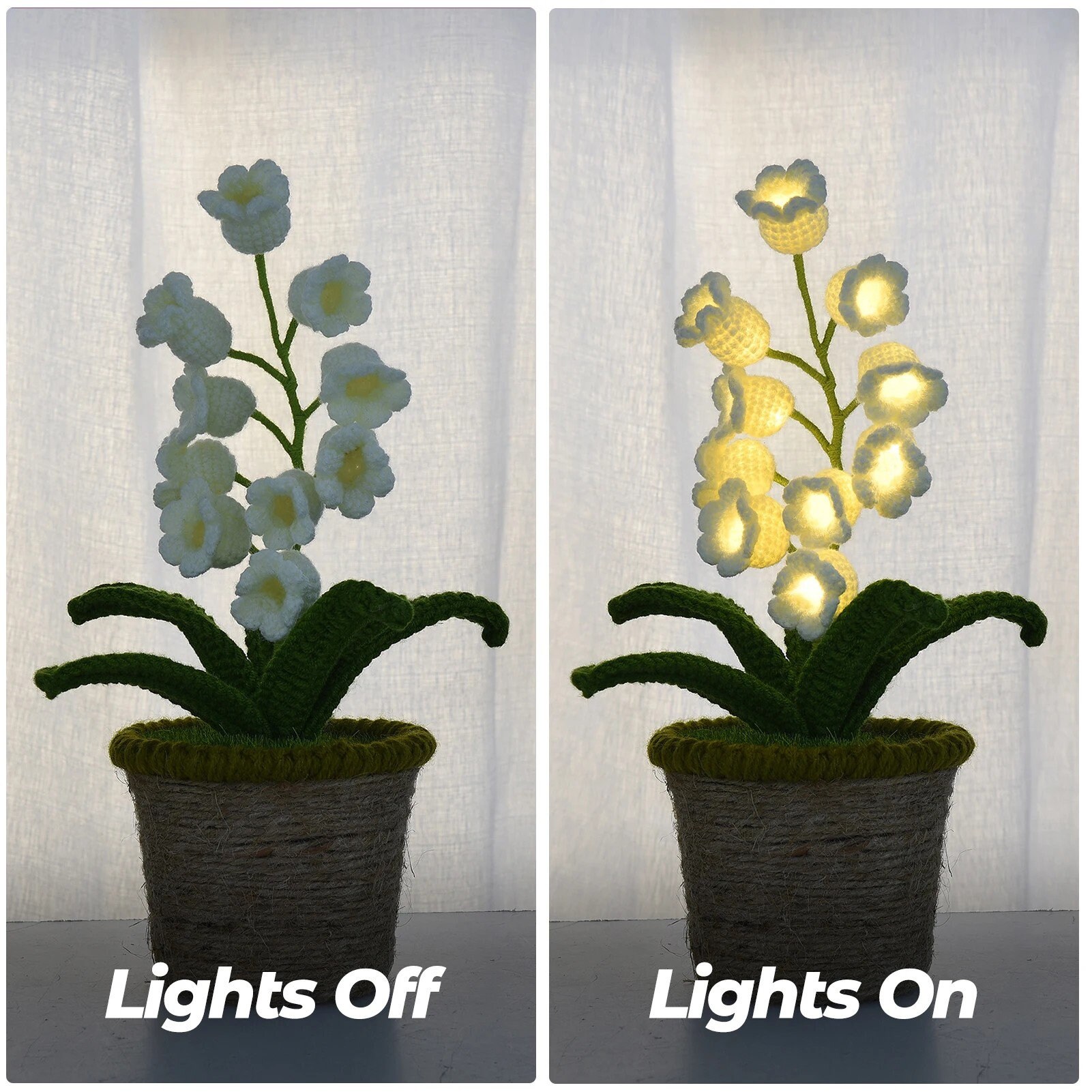 Lily of the Valley Retro Lamp, Fairy Light Handmade Flower Pot, Crochet Flowers Night Ligth ...