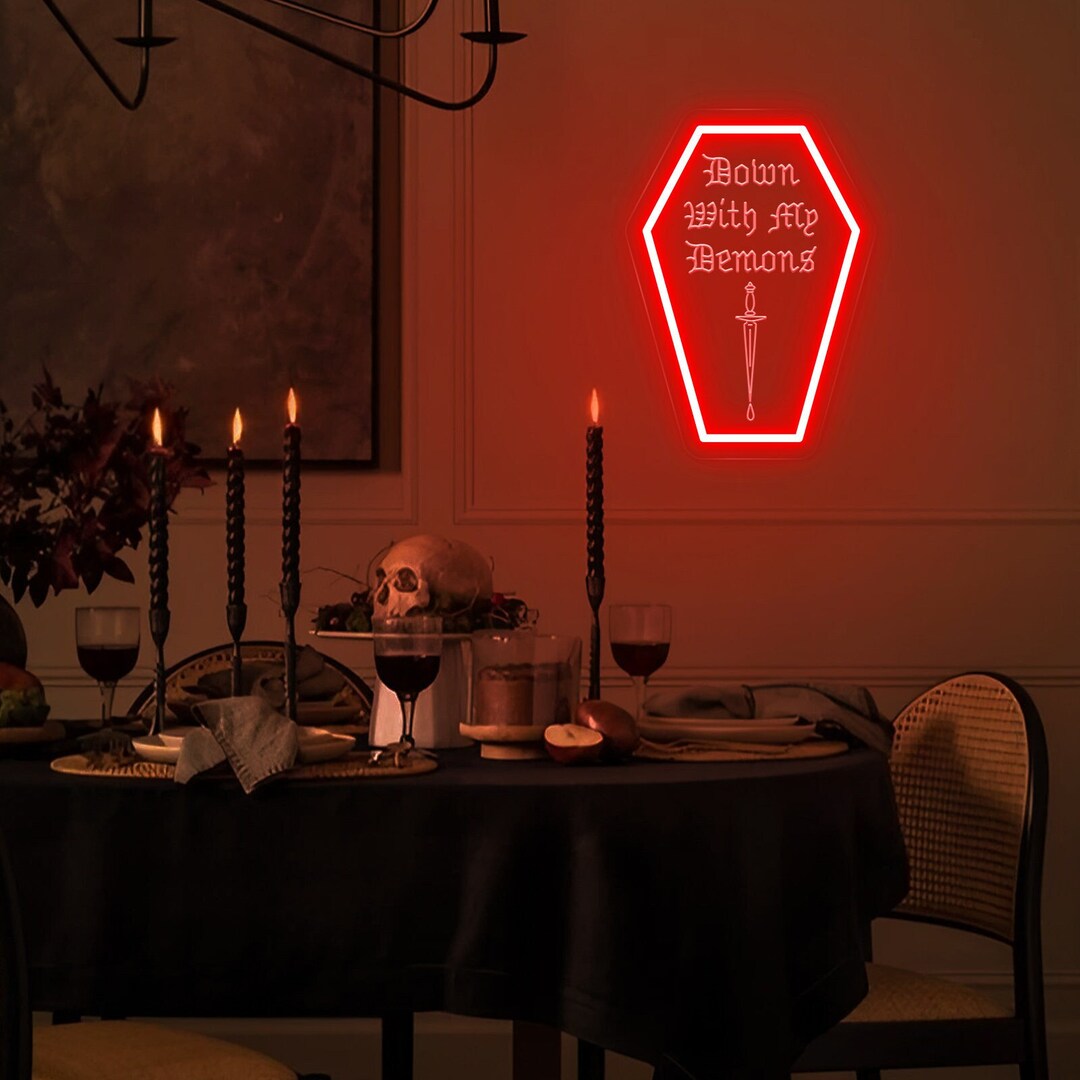 Coffin Neon Sign,gothic Dark Wall Art,down With Me Demons,coffin Wall ...