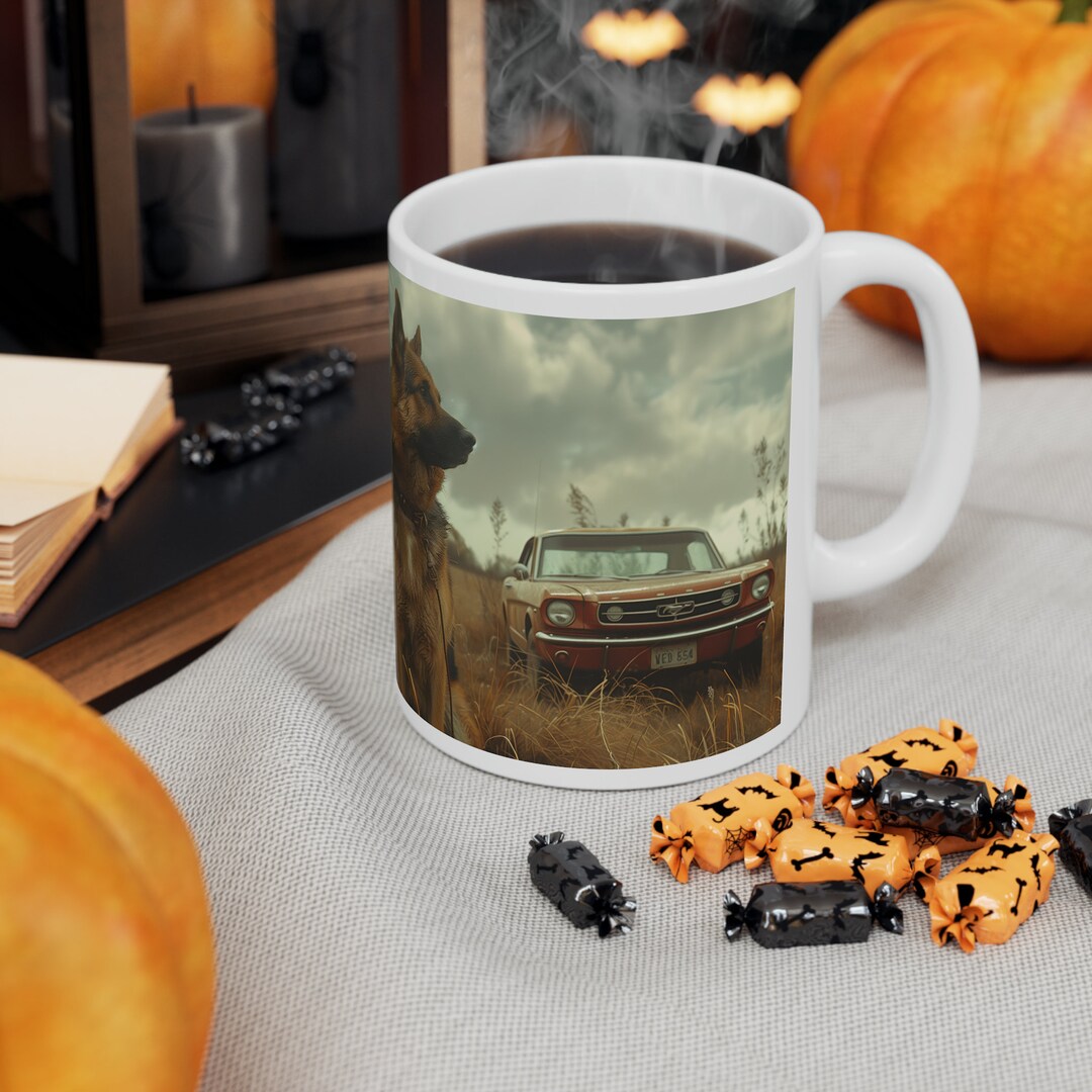 Autumn Adventure: German Shepherd & Vintage Mustang Ceramic Mug - Etsy