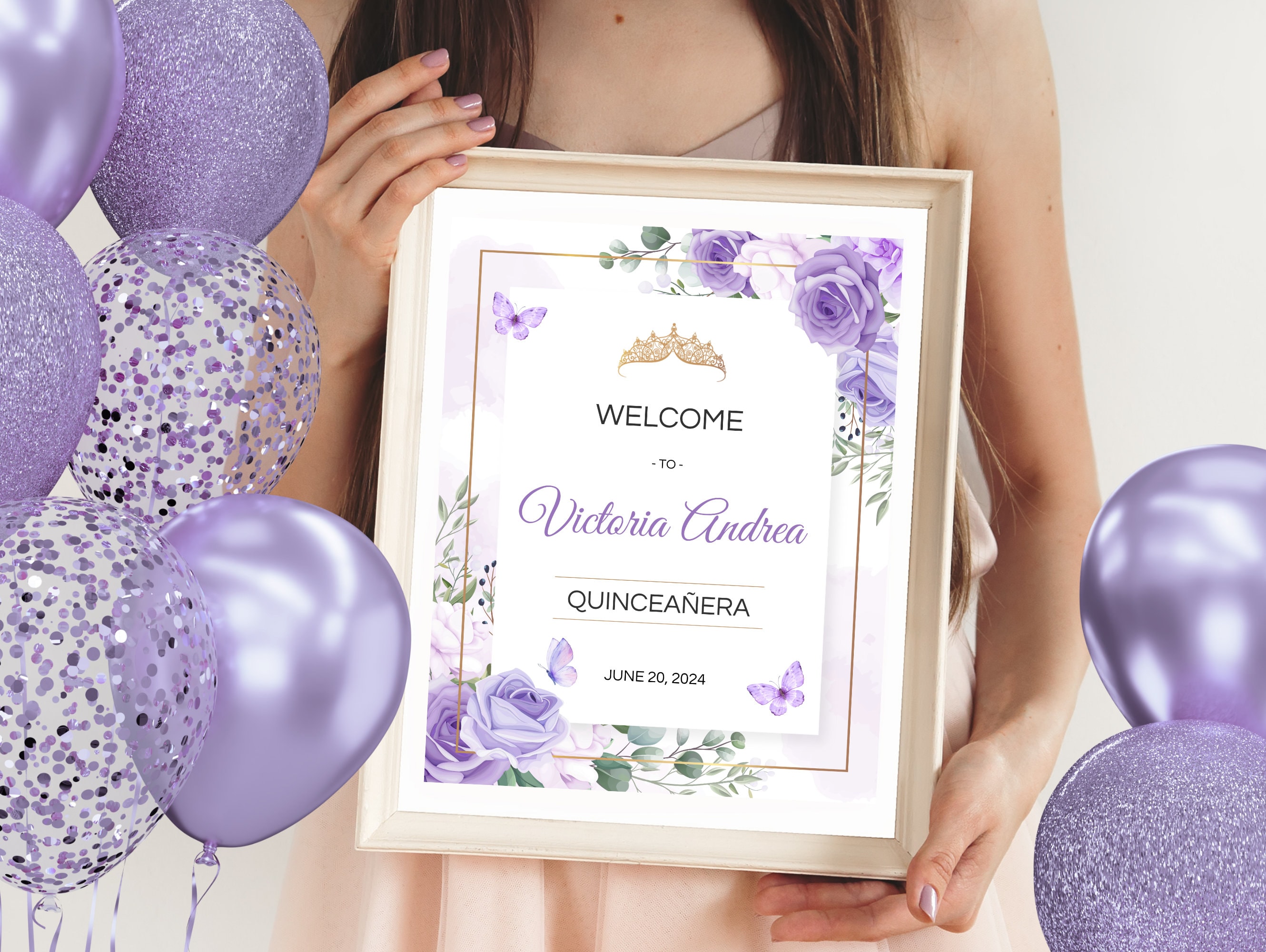 Quinceañera Welcome Sign, Tiara Princess Purple Gold Lilac, Butterfly ...