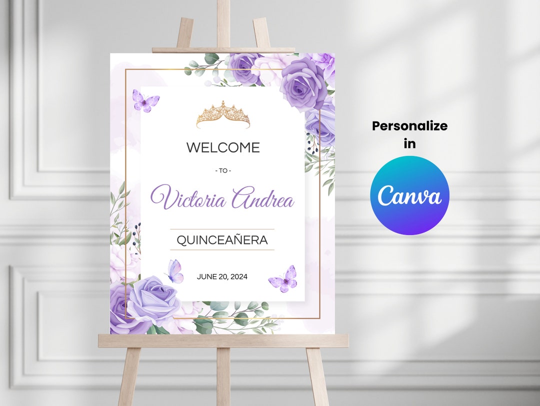 Quinceañera Welcome Sign, Tiara Princess Purple Gold Lilac, Butterfly ...