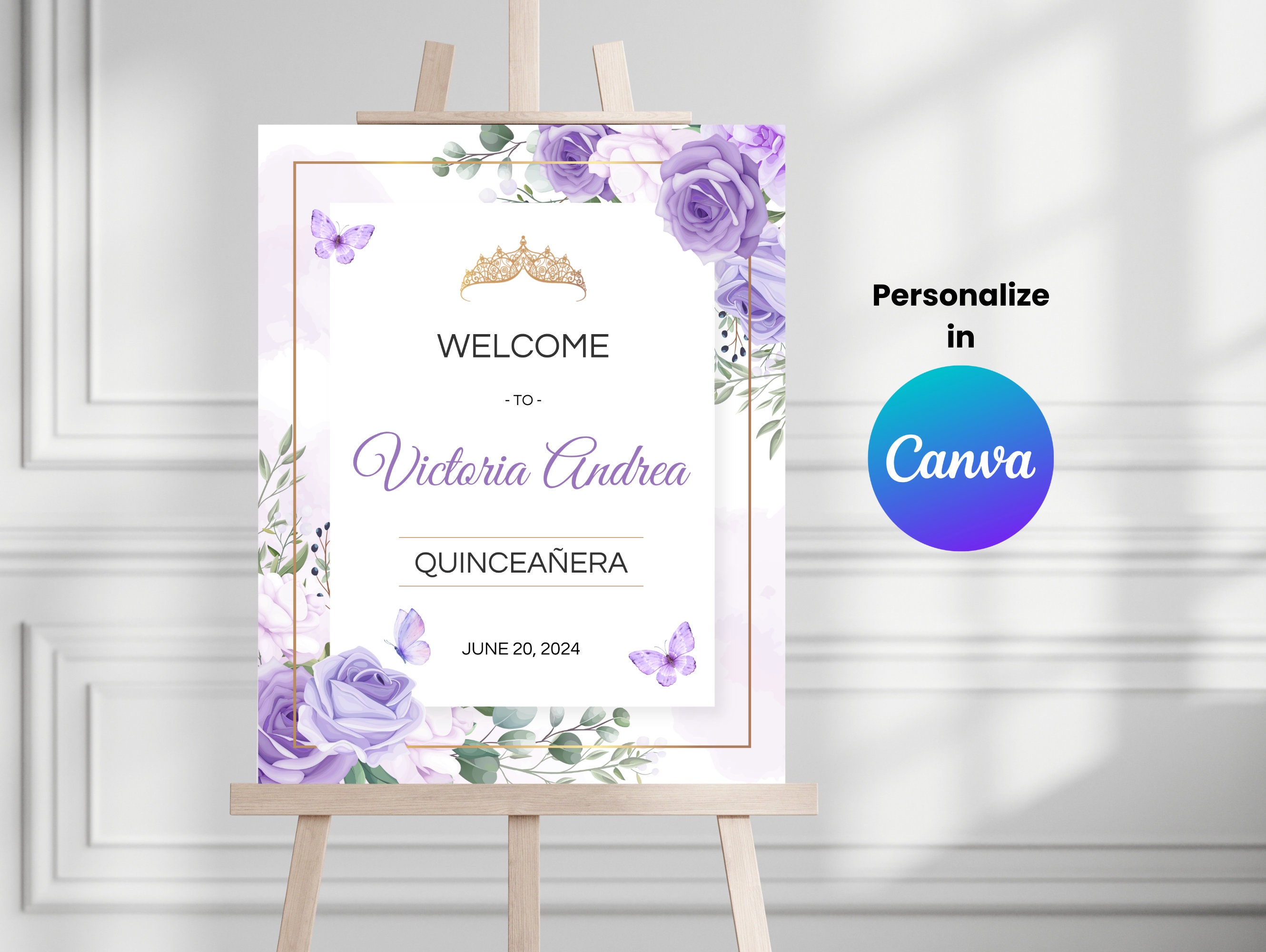 Quinceañera Welcome Sign, Tiara Princess Purple Gold Lilac, Butterfly ...