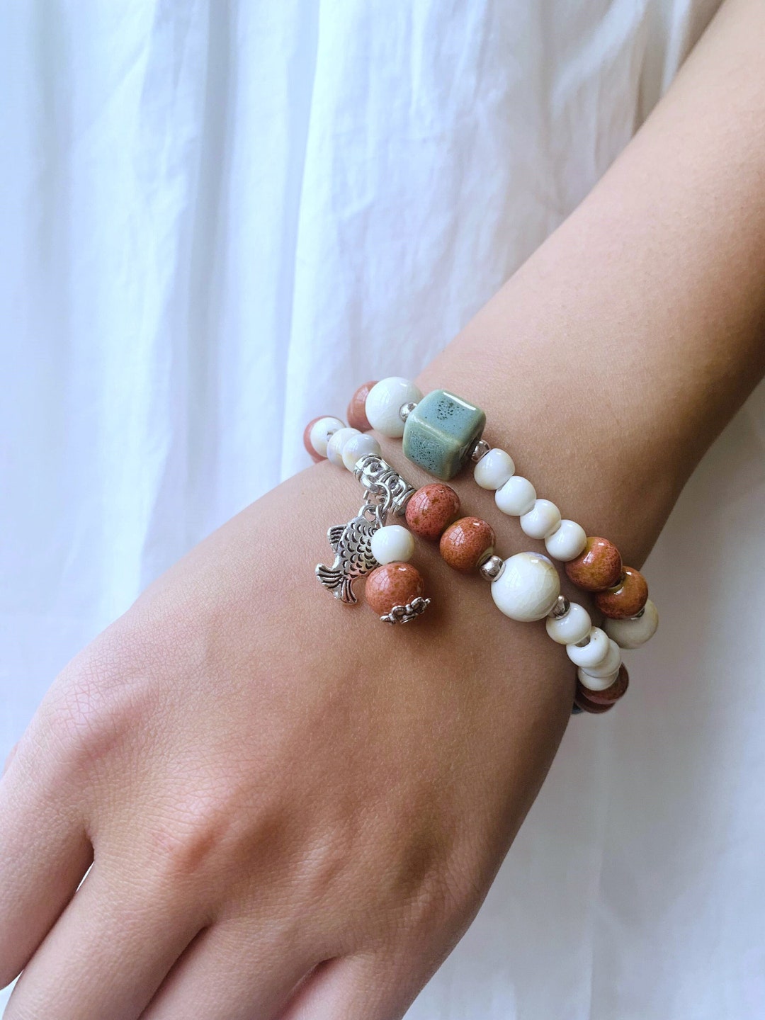 Handmade Ceramic Carp Bead Stretch Bracelet Summer Beach Sunbathing ...