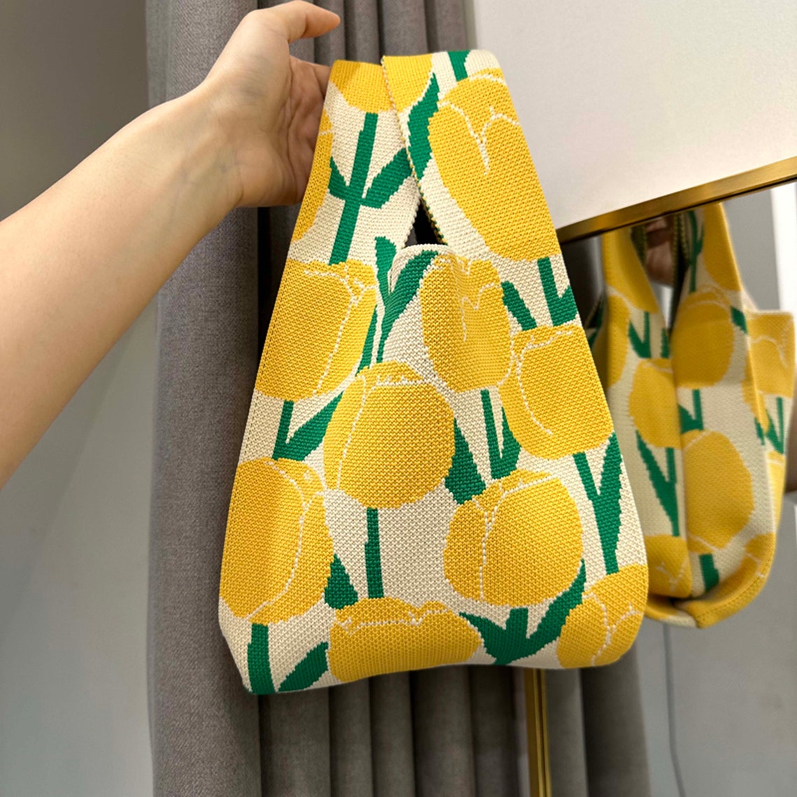 Knitted Bucket Bag, Checkerboard Bag, Stripe Bag, Minimalist Sling Bag ...