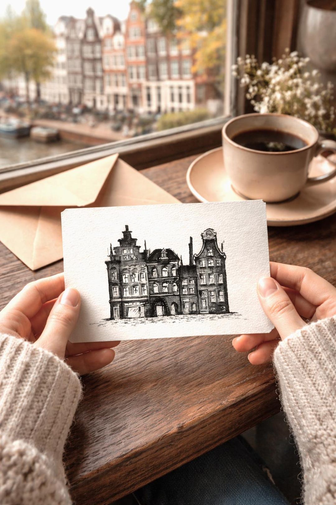 Personalized Bookmark, Greeting Card- Amsterdam Canal Houses Ink ...