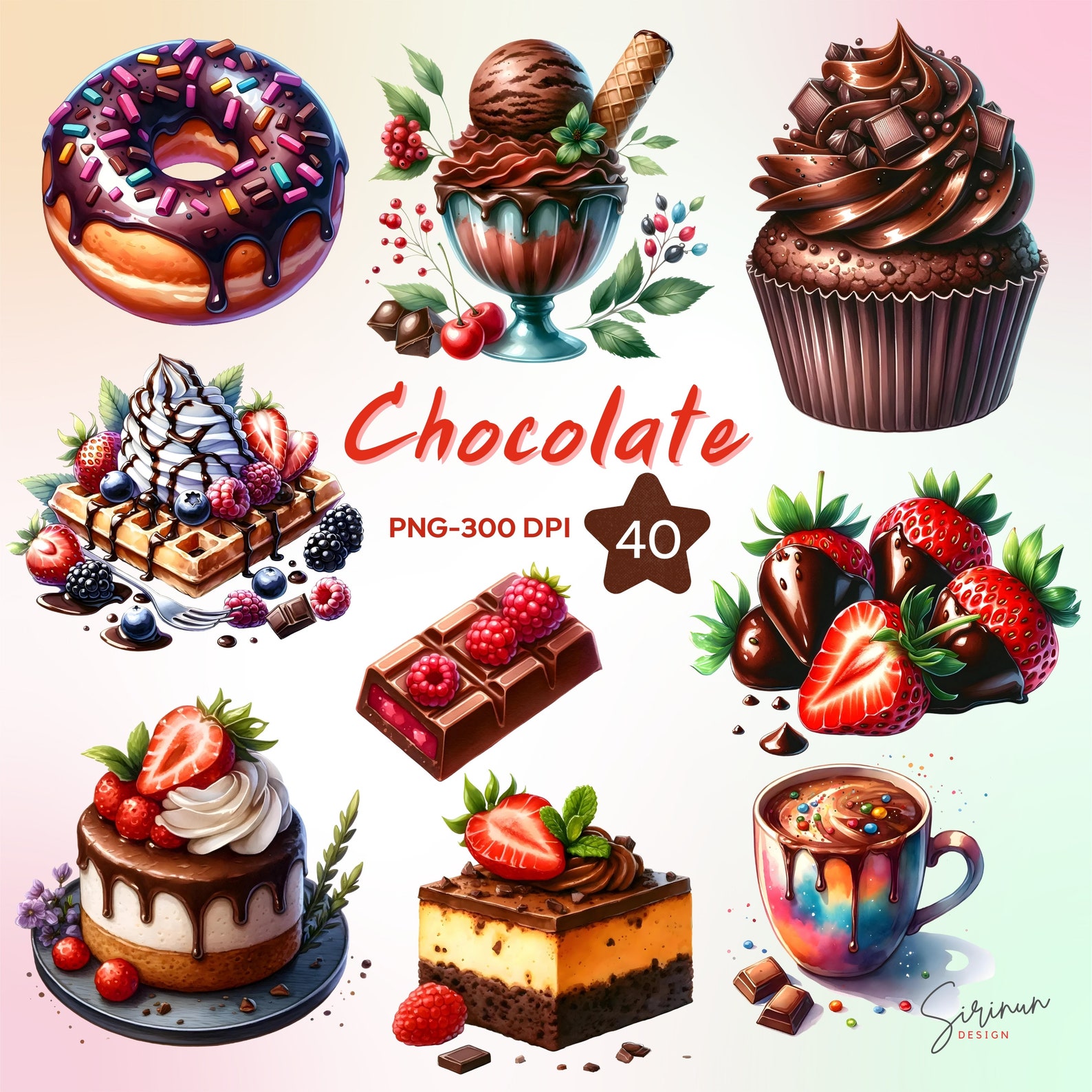 Chocolate, Dessert PNG, Sweets, Cake, Sublimation, Watercolor Clipart ...