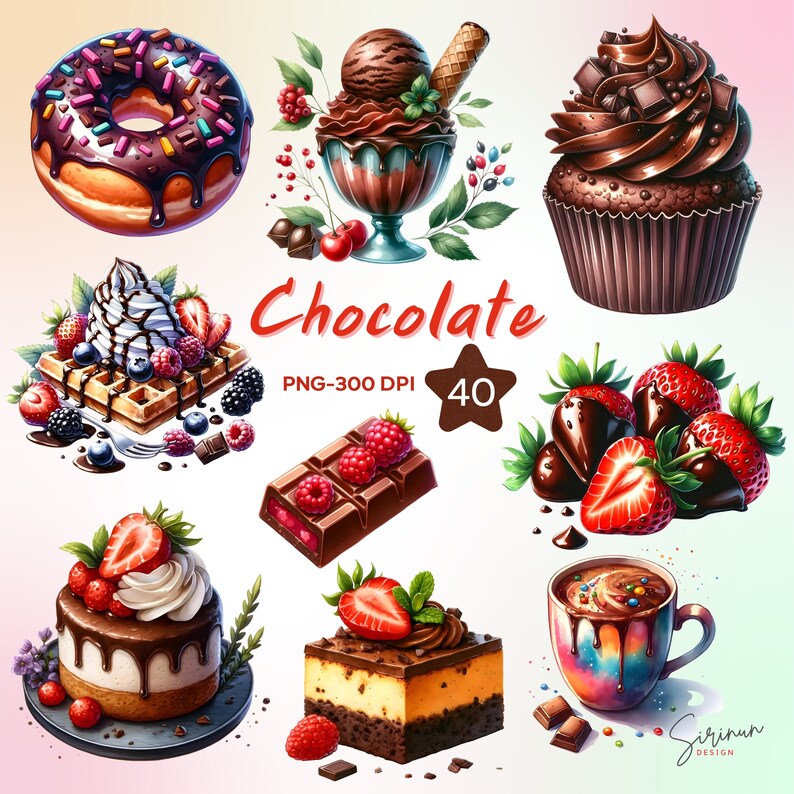 Chocolate, Dessert PNG, Sweets, Cake, Sublimation, Watercolor Clipart ...