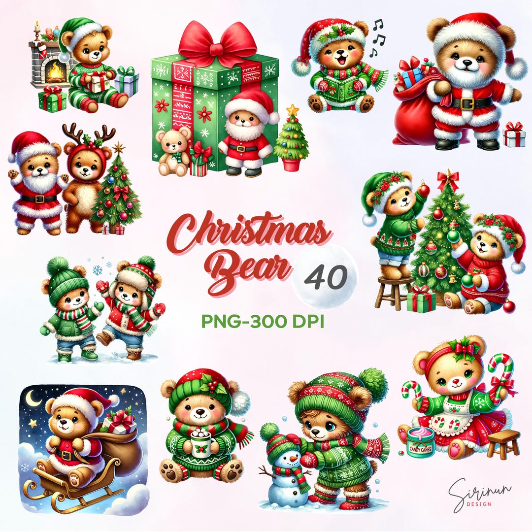 Christmas Bear, Santa Bear, Christmas PNG, 40 Watercolor Clipart ...