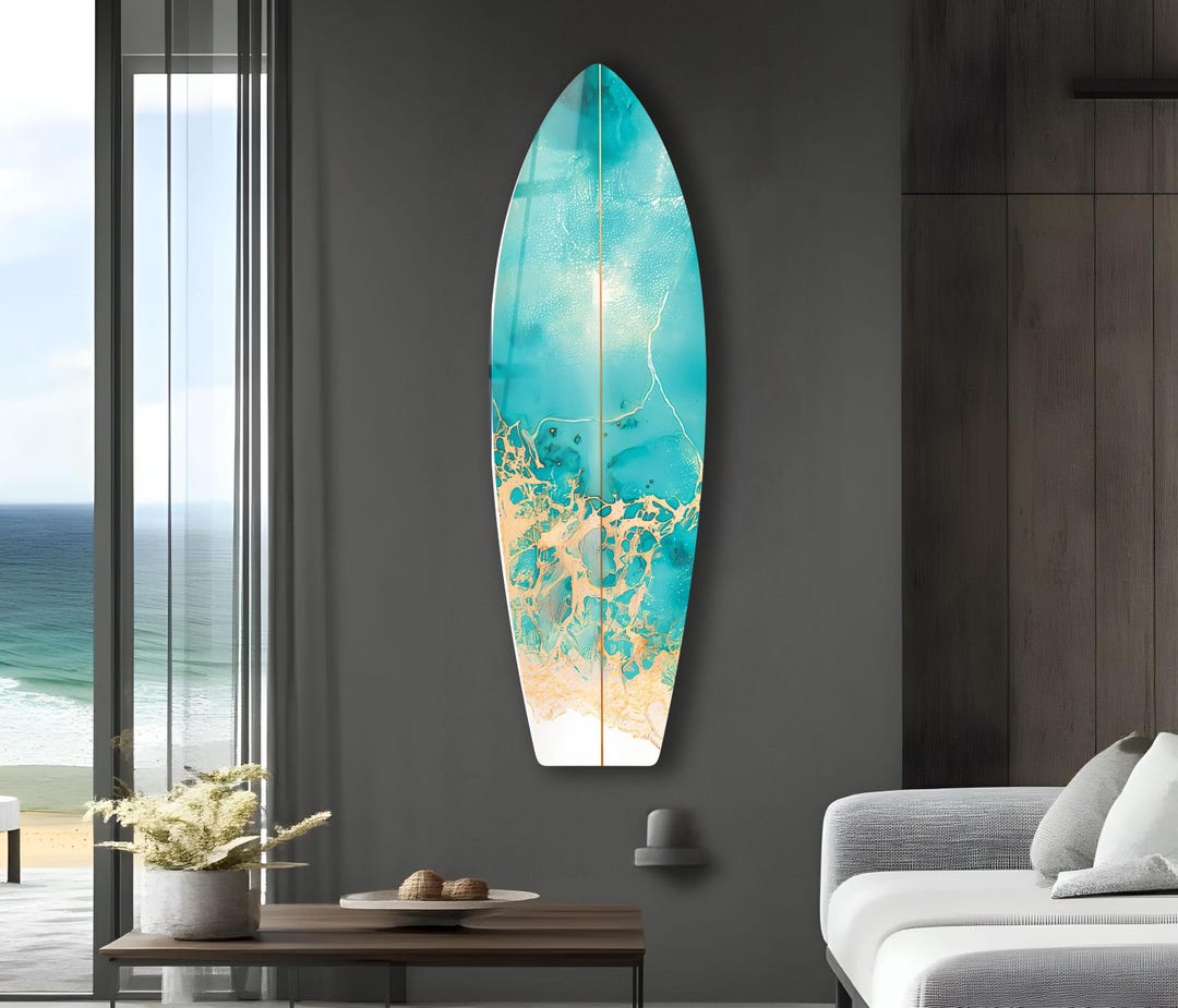 Blue & Gold Surfboard Tempered Glass Wall Art - Coastal Decor - Etsy