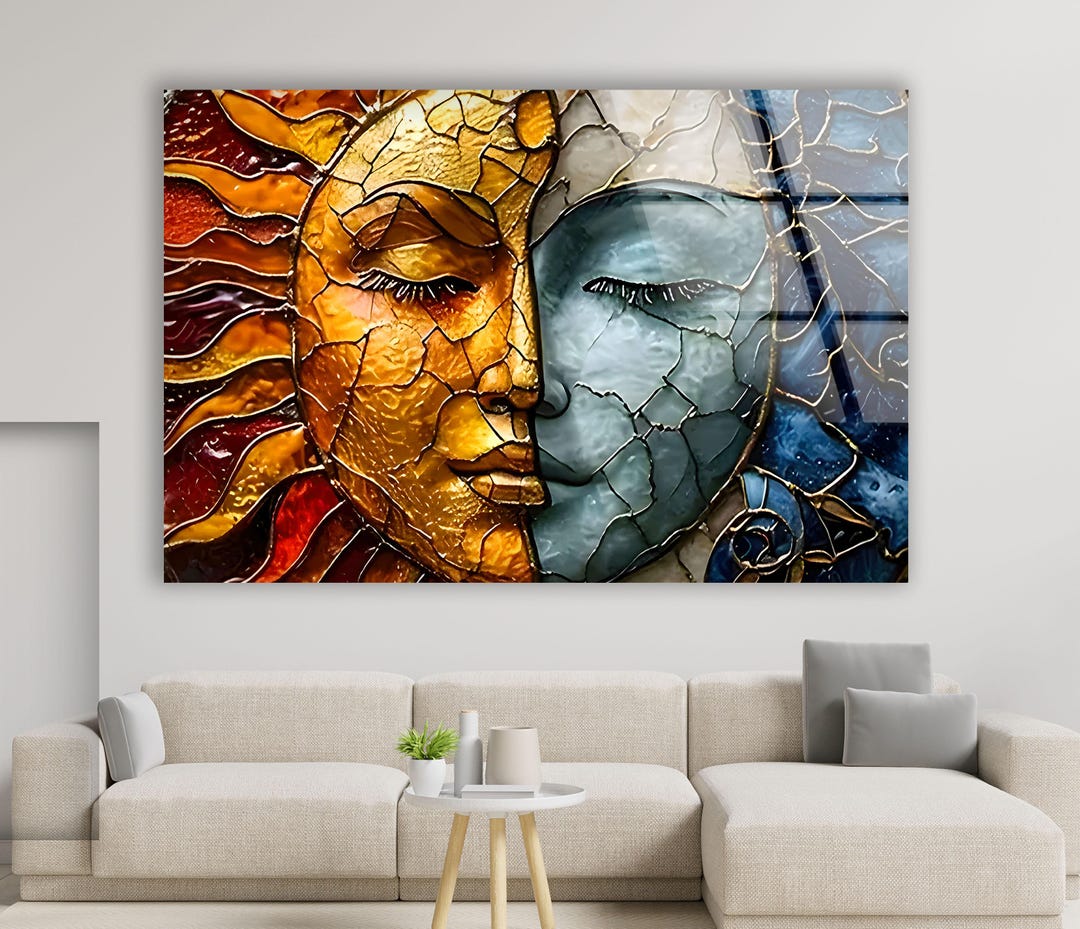 Sun & Moon Face Extra Large Glass Panel Artwork | Oversized Glass Wall ...