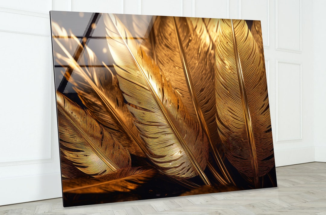 Gold Feather Wall Art-golden Feather Decor-tempered Glass Wall Art ...