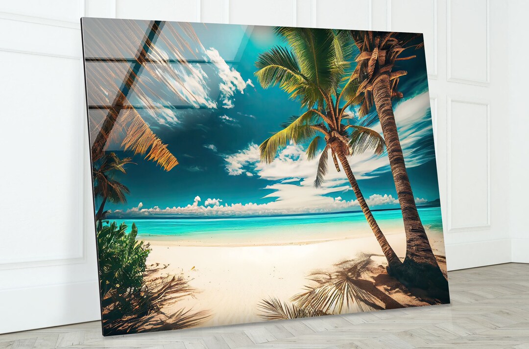 Ocean View Glass Wall Art , Palm Tree Beach Decor , Tempered Glass ...