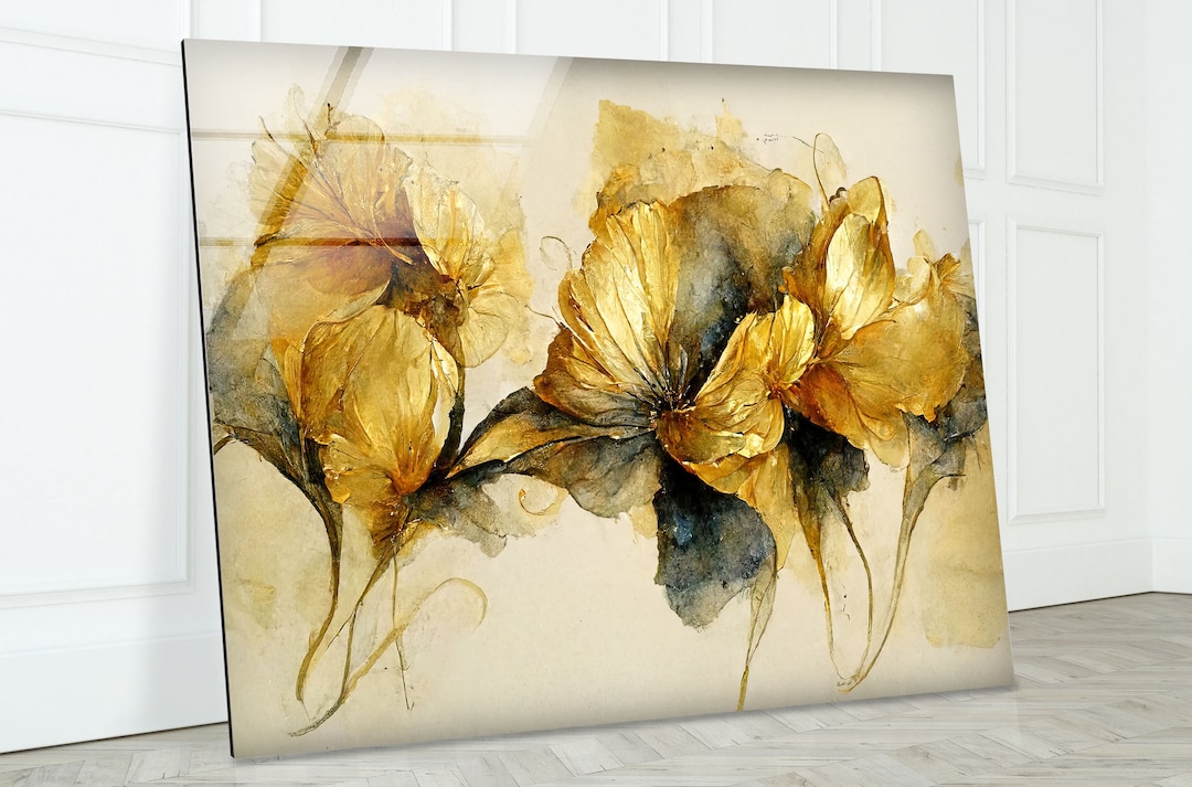 Gold Floral Wall Art-gold Floral Art Gift for Her-tempered Glass Wall ...