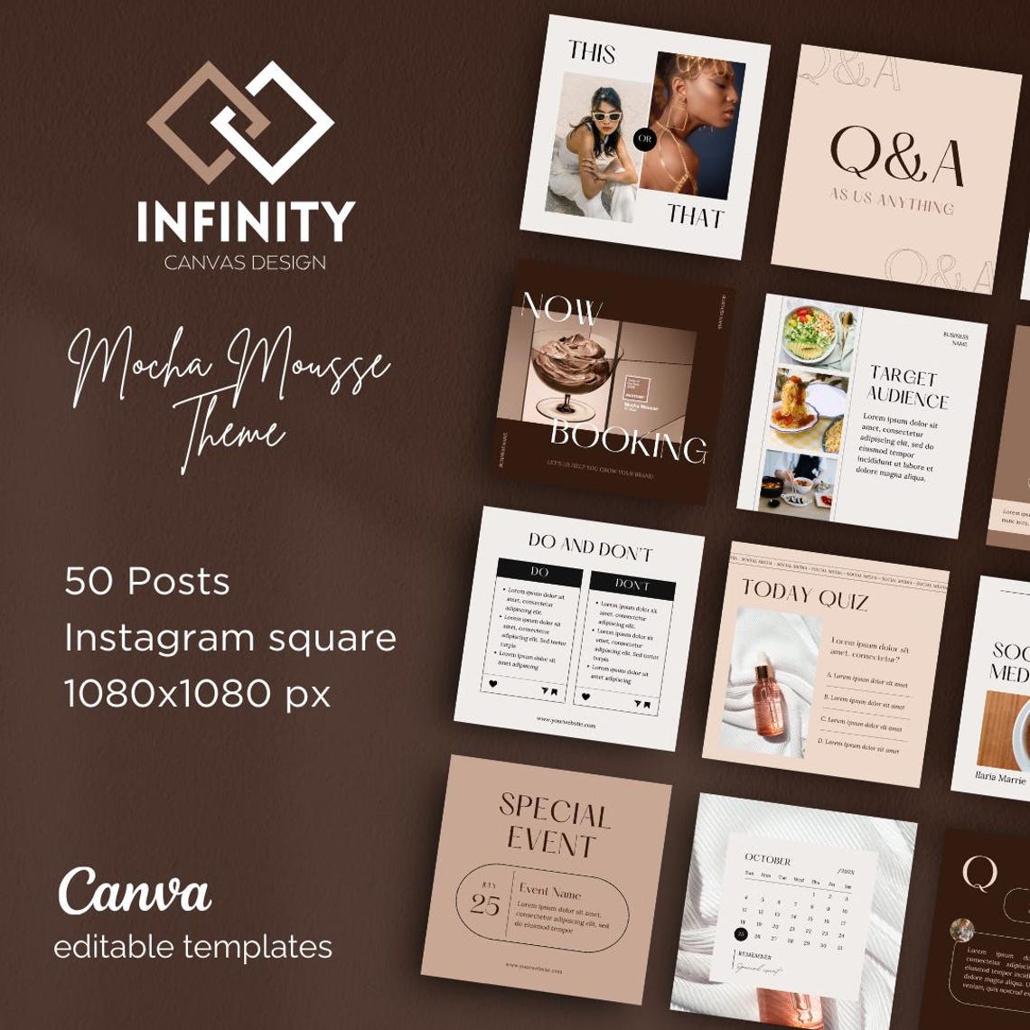 50 Mocha Mousse Edition Instagram Feed Posts Canva Editable Square - Etsy