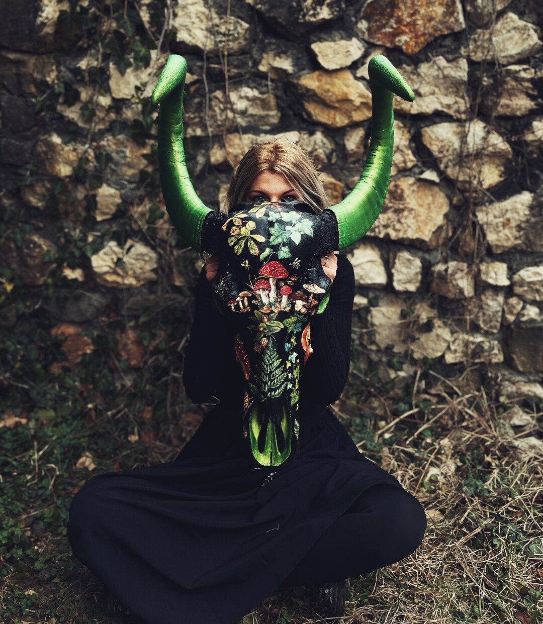Real Buffalo Skull Painted Black With Mushrooms, Ferns, Ivy and Insects ...