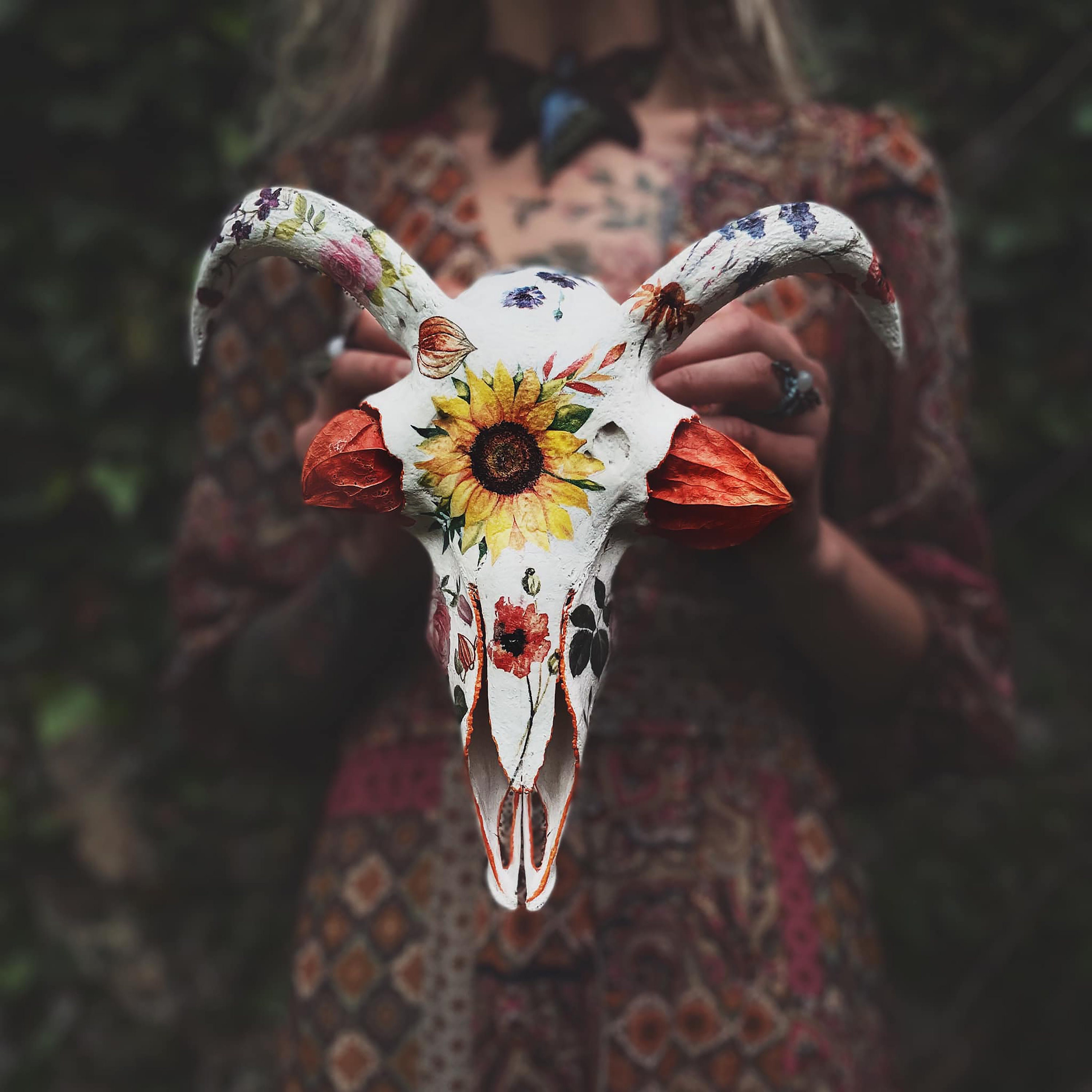 Real Ram Skull With Physalis and Flowers - Etsy