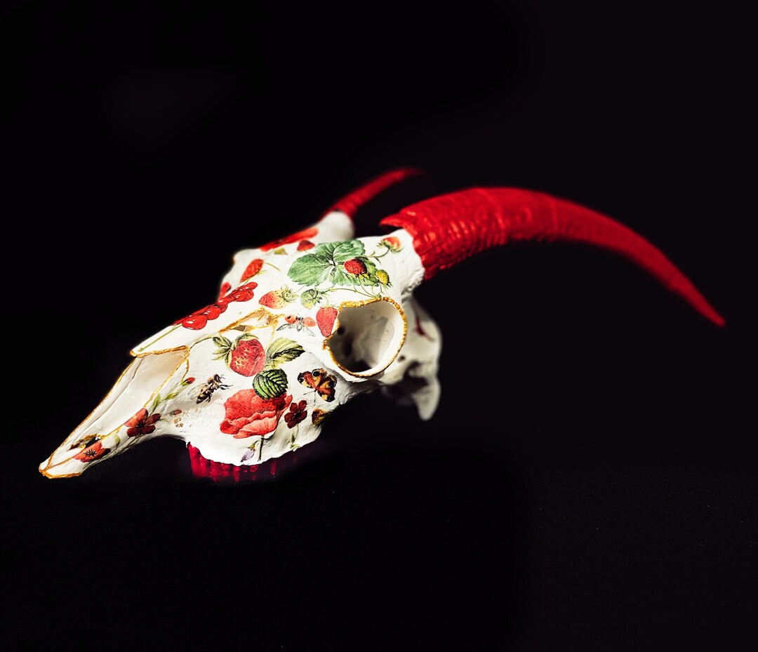 Sold-real Goat Skull With Strawberries, Summer Flowers and Lovely ...