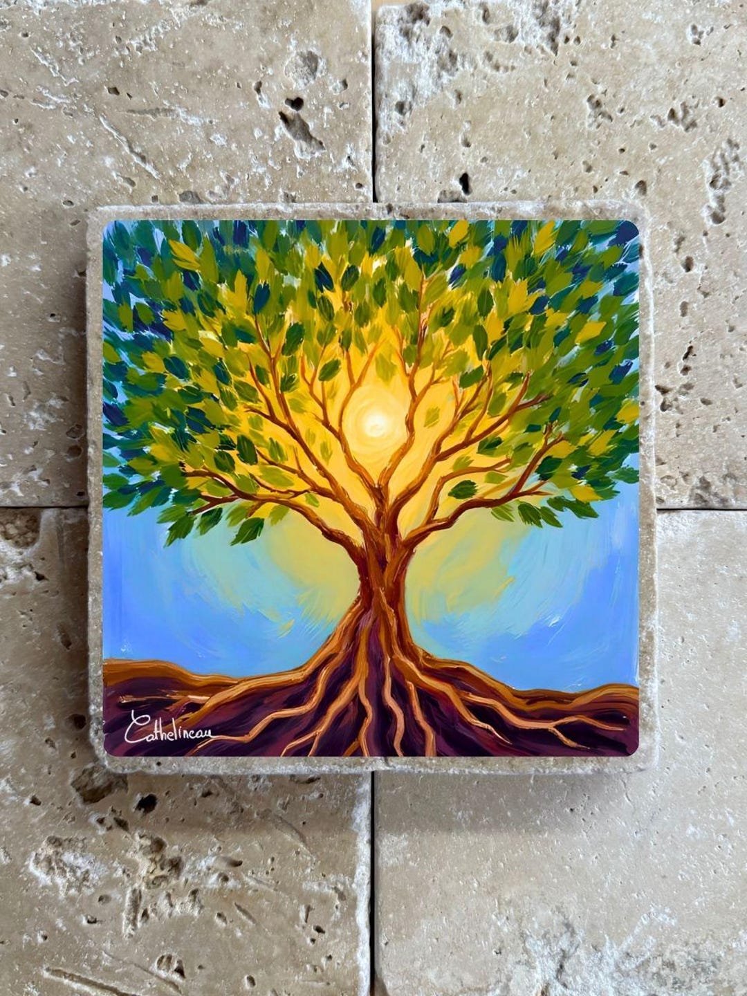 Travertine Stone 10x10 Cm Tree of Life Art – Wall Decoration Nature ...