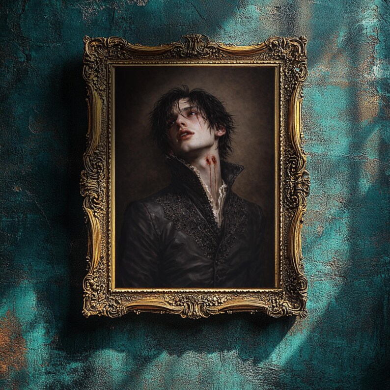 Gothic Male Vampire Bite Portrait, Dark Fantasy Vampire Wall Art ...
