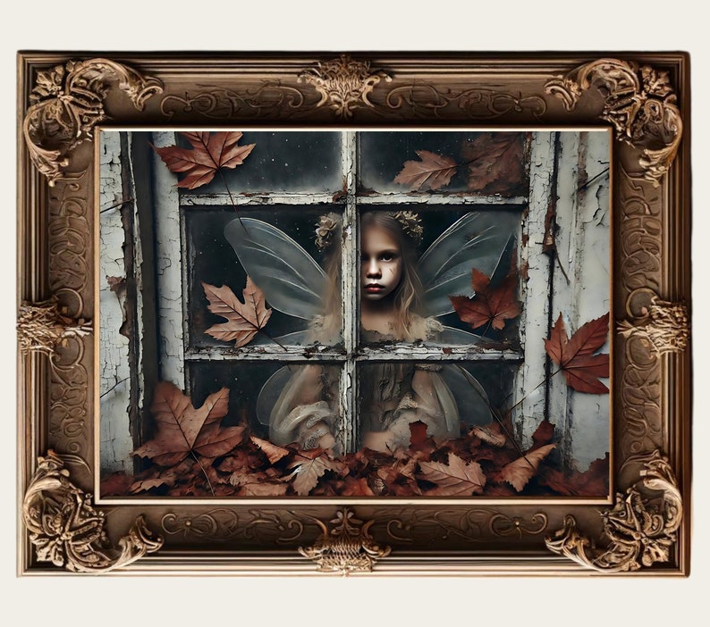 Young Fairy in Window Art Print, Enchanted Autumn Leaves, Fairyland ...