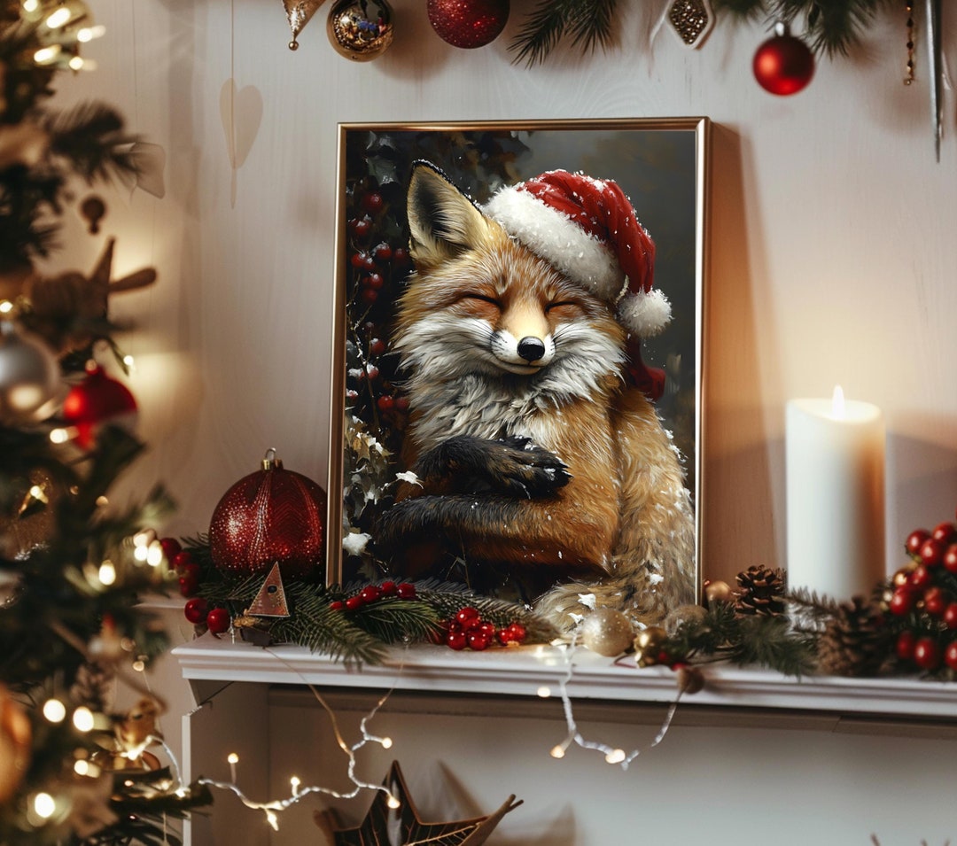 Fox in Santa Hat Poster, Woodland Creature Fantasy Art, Christmas ...